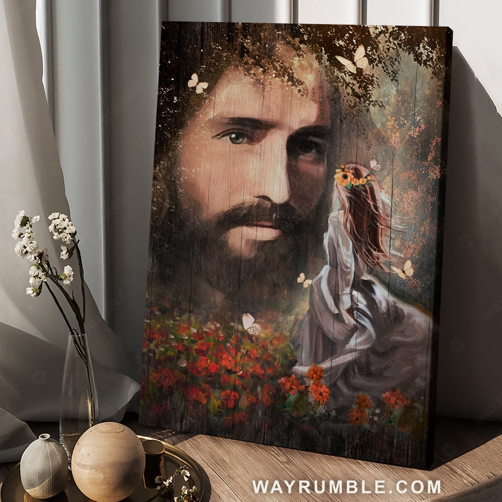 The Real Face Of Jesus, Pretty Girl, Red Flower Garden, Flower Wreath - Jesus Portrait Poster ...