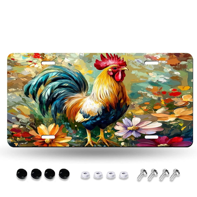 The Regal Rooster Amidst a Floral Display License Plate Frame ...