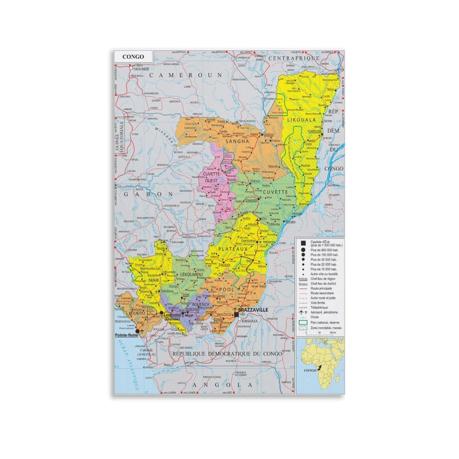 The Republic of Congo Map Posters Canvas Poster Wall Art Picture Prints ...