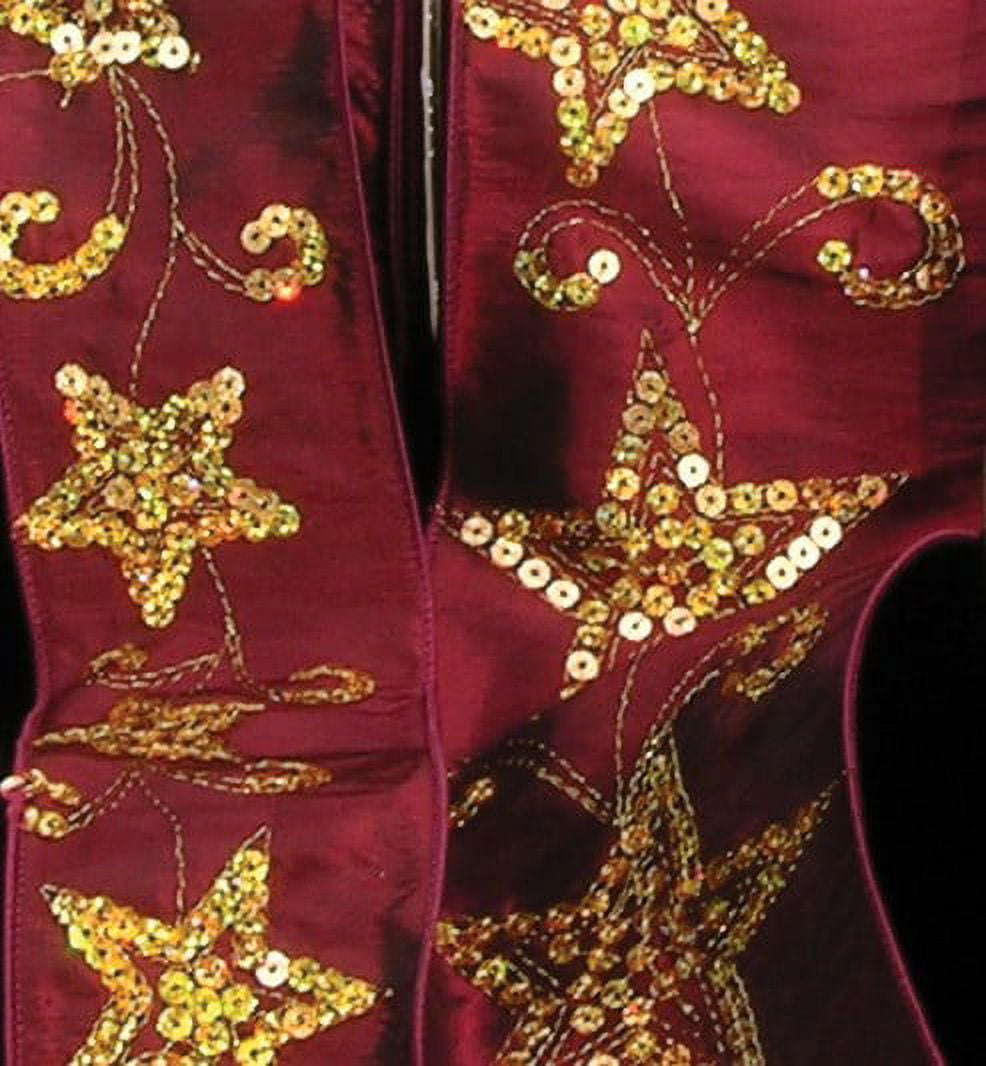 Bordeaux Red and Gold Sequined Stars Wired Craft Ribbon 2.5" x 20 Yards ...
