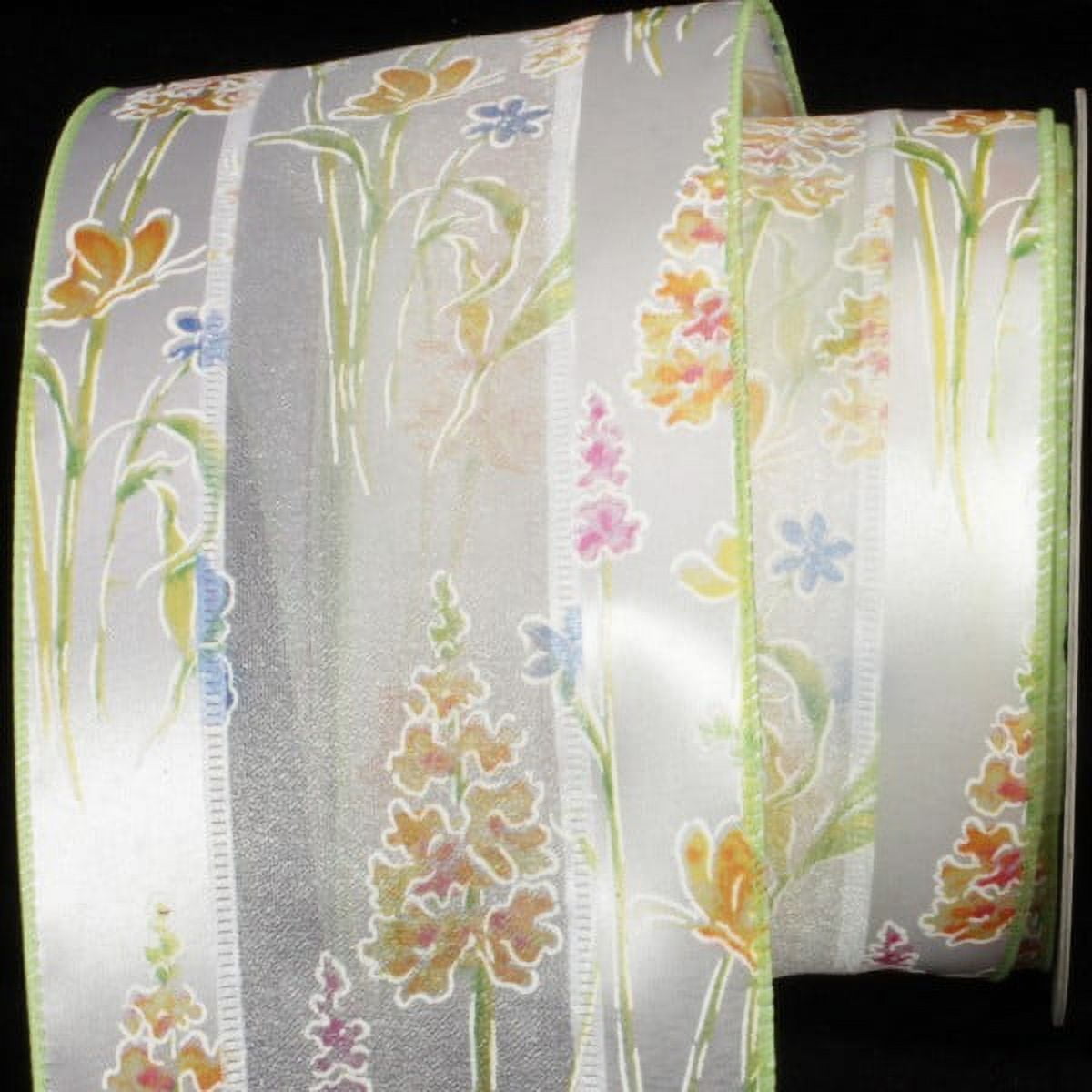 The Ribbon People Green and White Embossed Flowers Wired Craft Ribbon 4 ...