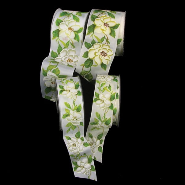 The Ribbon People Green and White Woven Magnolia Print Wired Craft ...