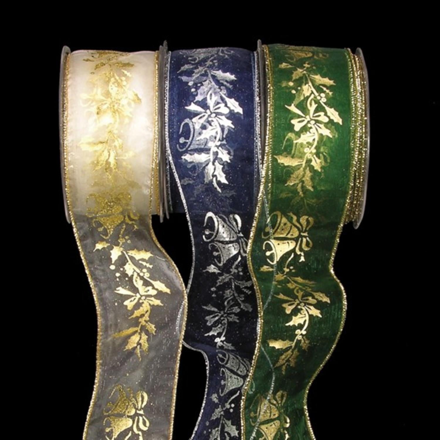 The Ribbon People Hunter Green Organza Jingle Bells Print Wired Craft ...