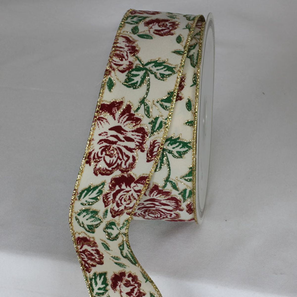 The Ribbon People Ivory and Red Glittered Roses Wired Craft Ribbon 2" x ...