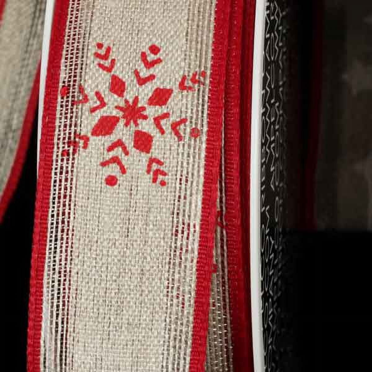 The Ribbon People Red Snowflake Print Linen Wired Craft Ribbon 1.25" x ...