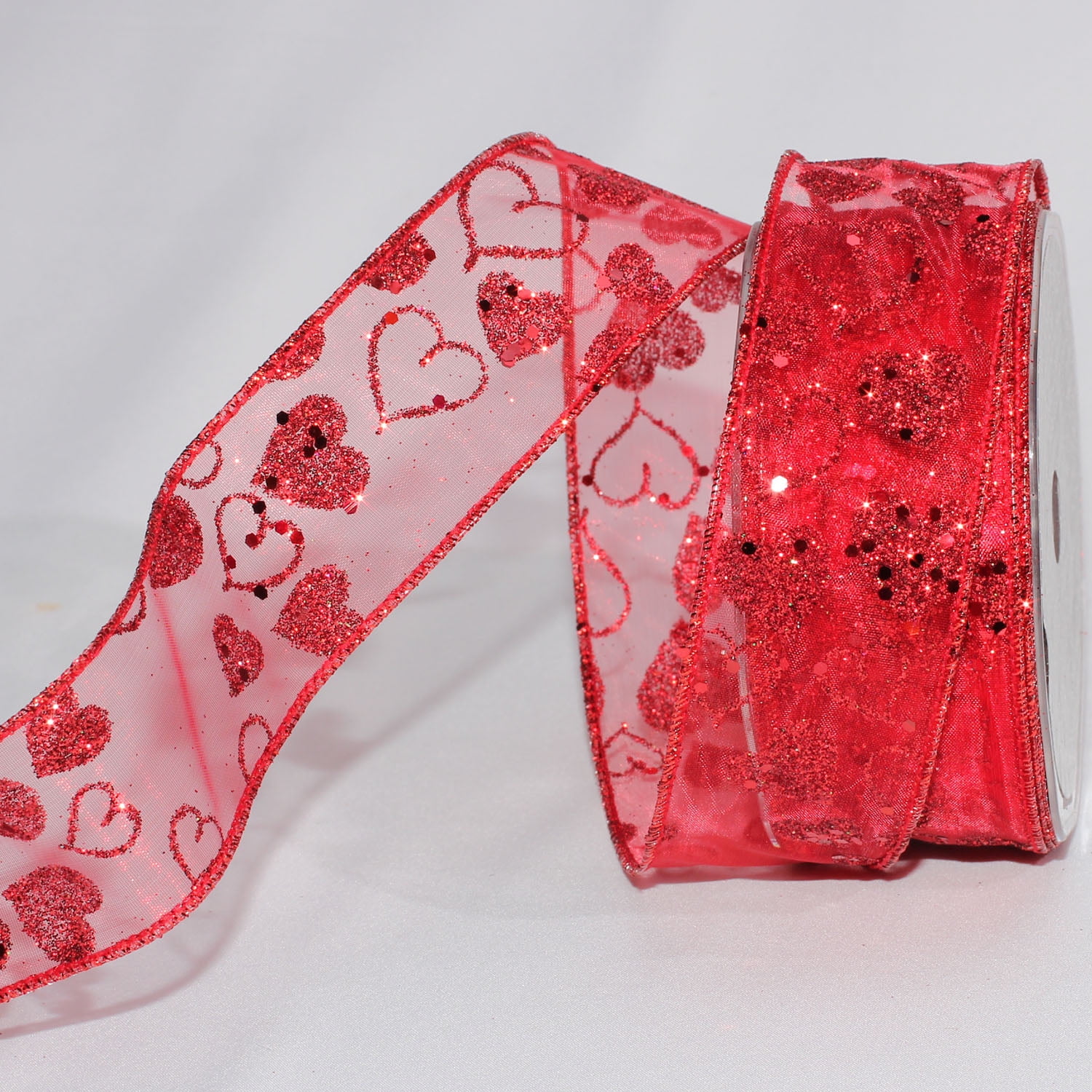 The Ribbon People Sheer Red Love Glittered Hearts Wired Craft Ribbon 1. ...