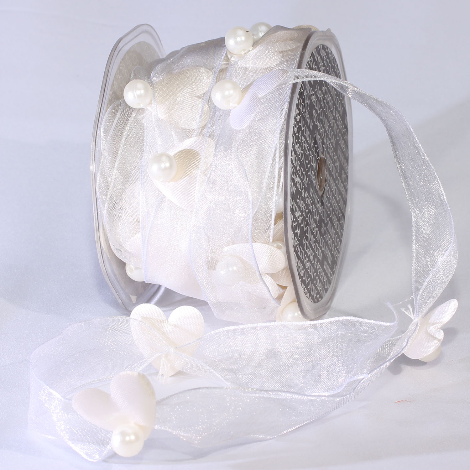 White Organdy Hearts and Pearls Wired Craft Ribbon 1" x 20 Yards ...