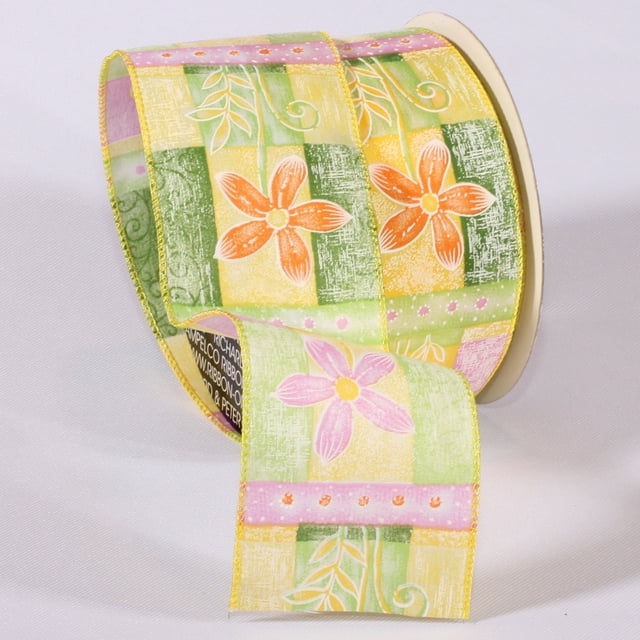 The Ribbon People Yellow and Green Floral Print Wired Craft Ribbon 2.5 ...
