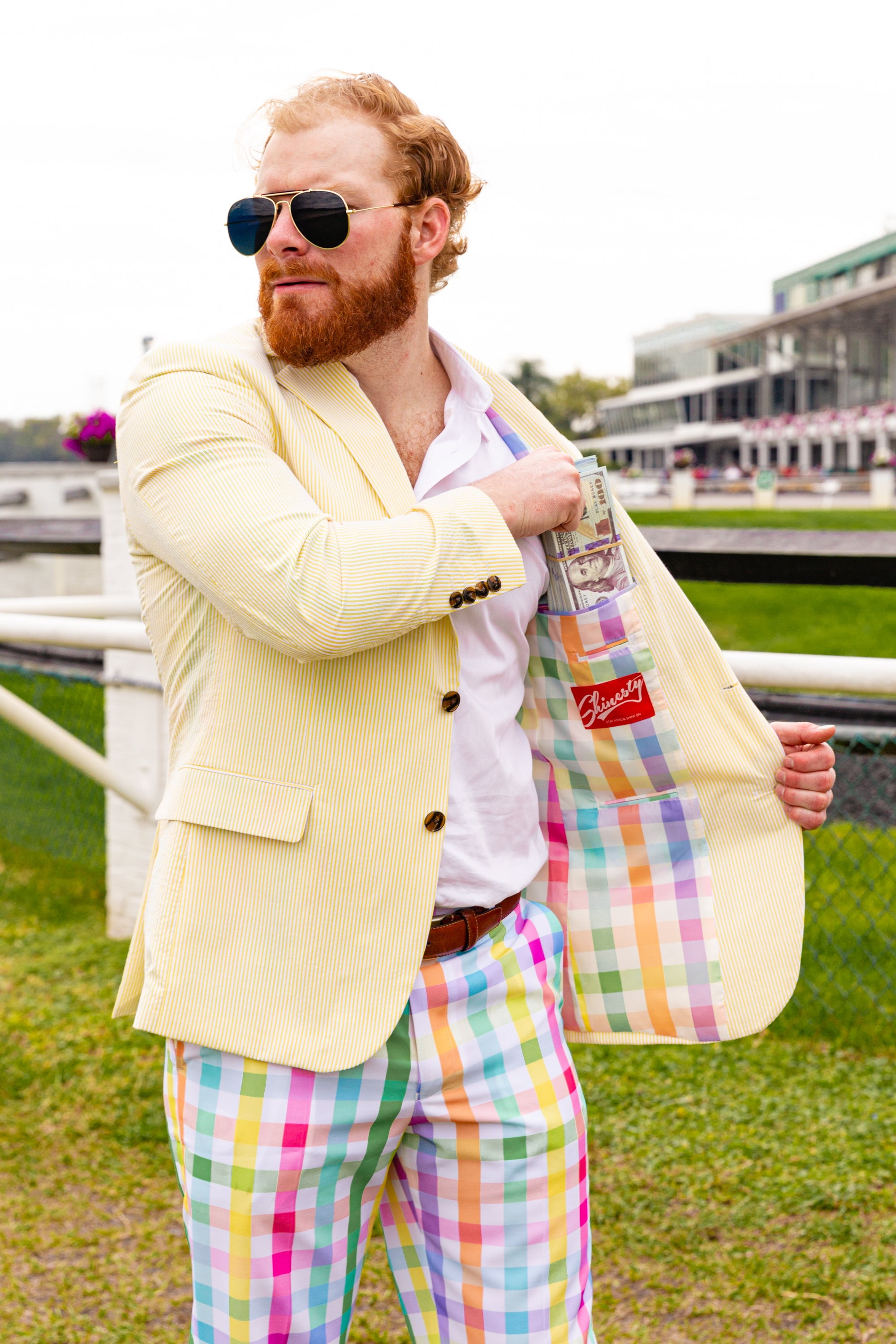 Shinesty Yellow Seersucker Blazer with Pastel Plaid Lining, Jacket Size ...