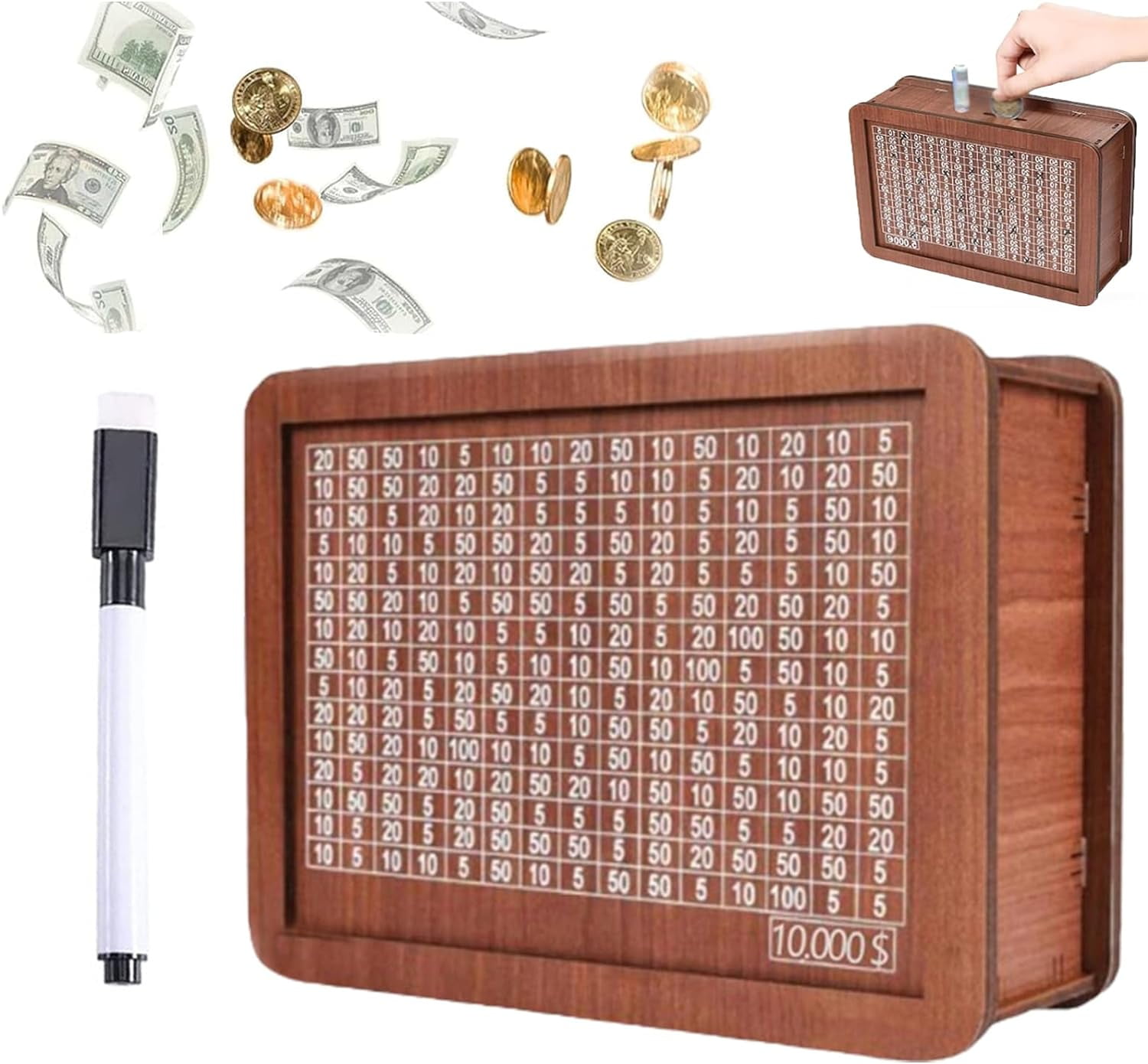 The Save Box, 10,000 Savings Challenge Box, Cash Vault Wooden Savings ...