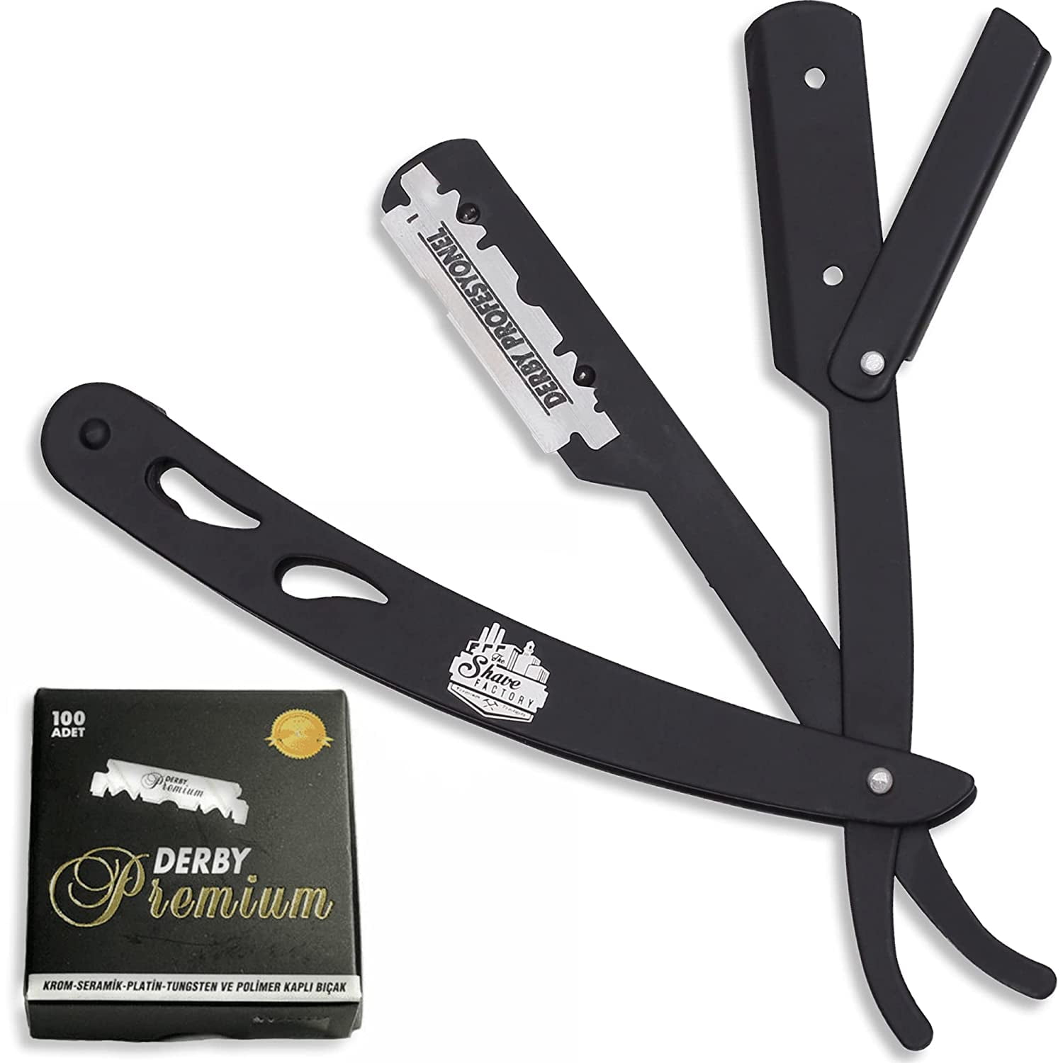 The Shave Factory Straight Edge Razor Kit (Black / 100 Derby Premium ...