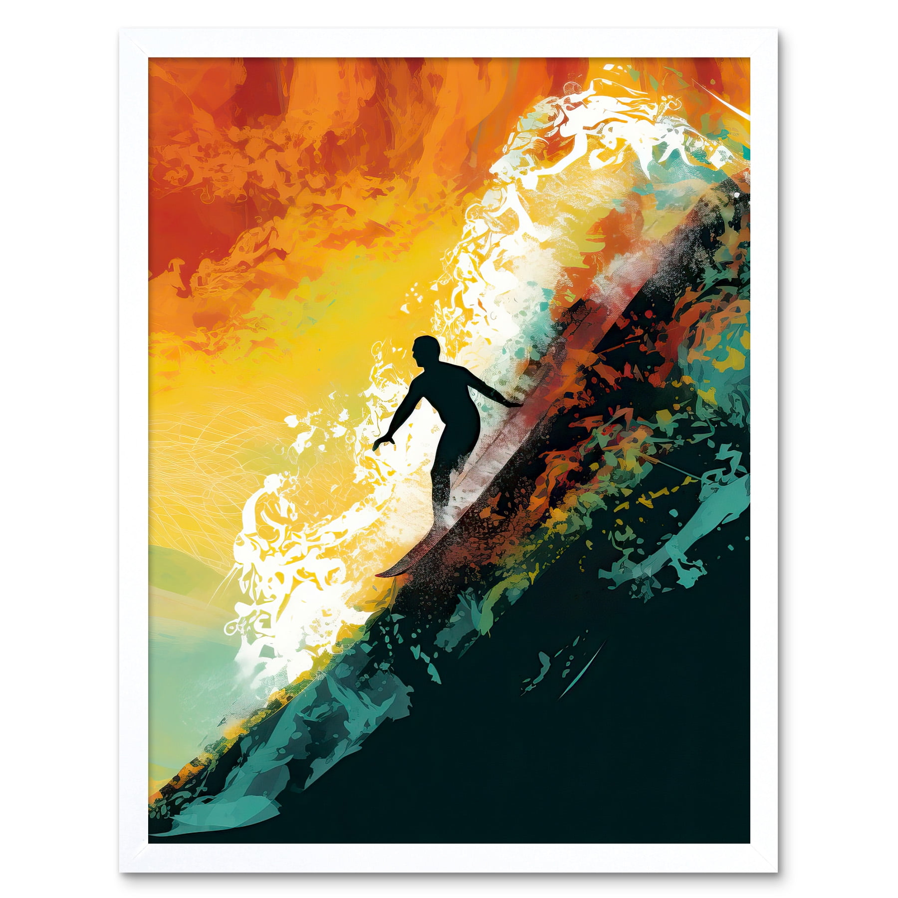 The Silhouette of a Surfer Riding a Big Wave Art Print Framed Poster ...