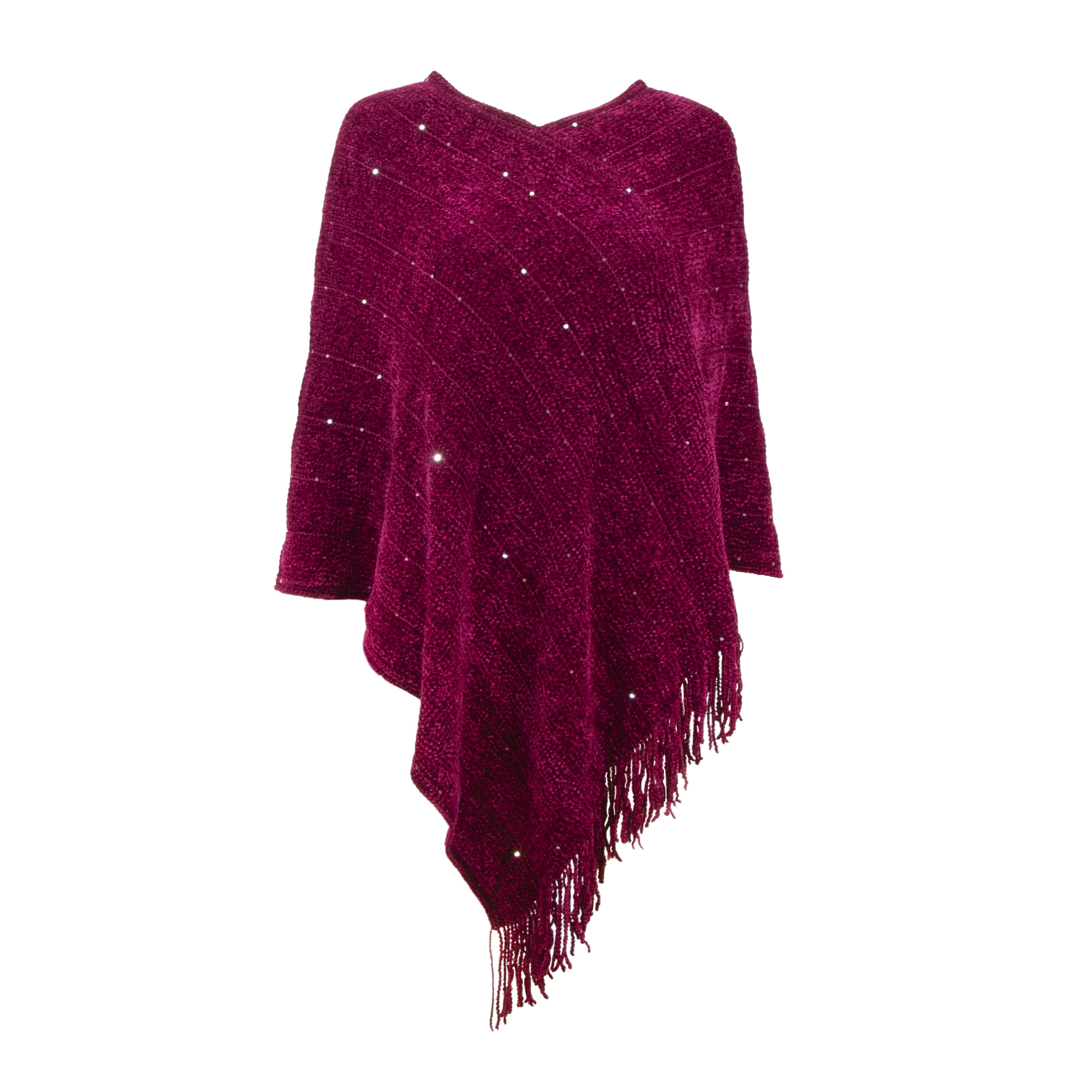 The Skyline Collection Women's Chenille Poncho w/ Sequins in Burgundy ...