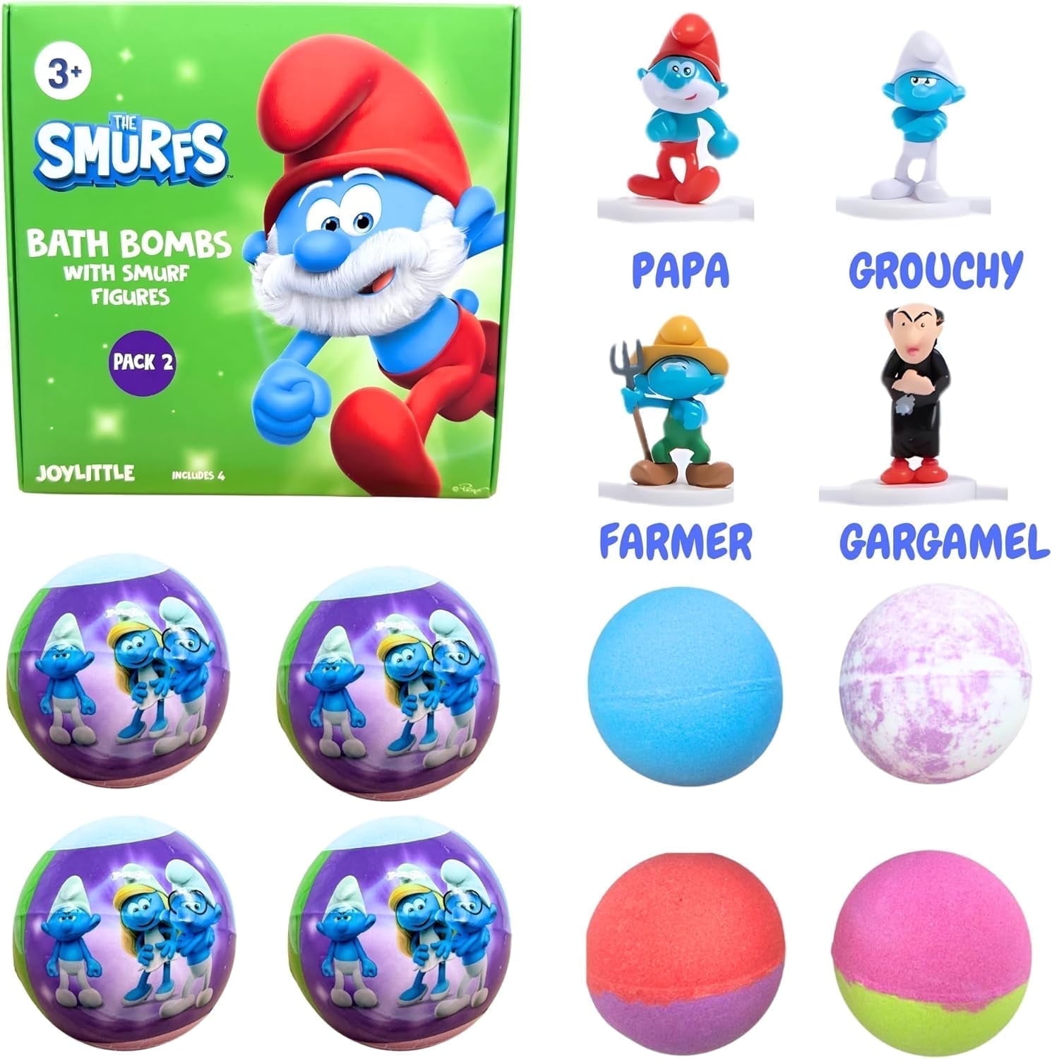 The Smurfs Bath Bombs with Action Figures-Papa Smurf, Farmer, Grouchy ...