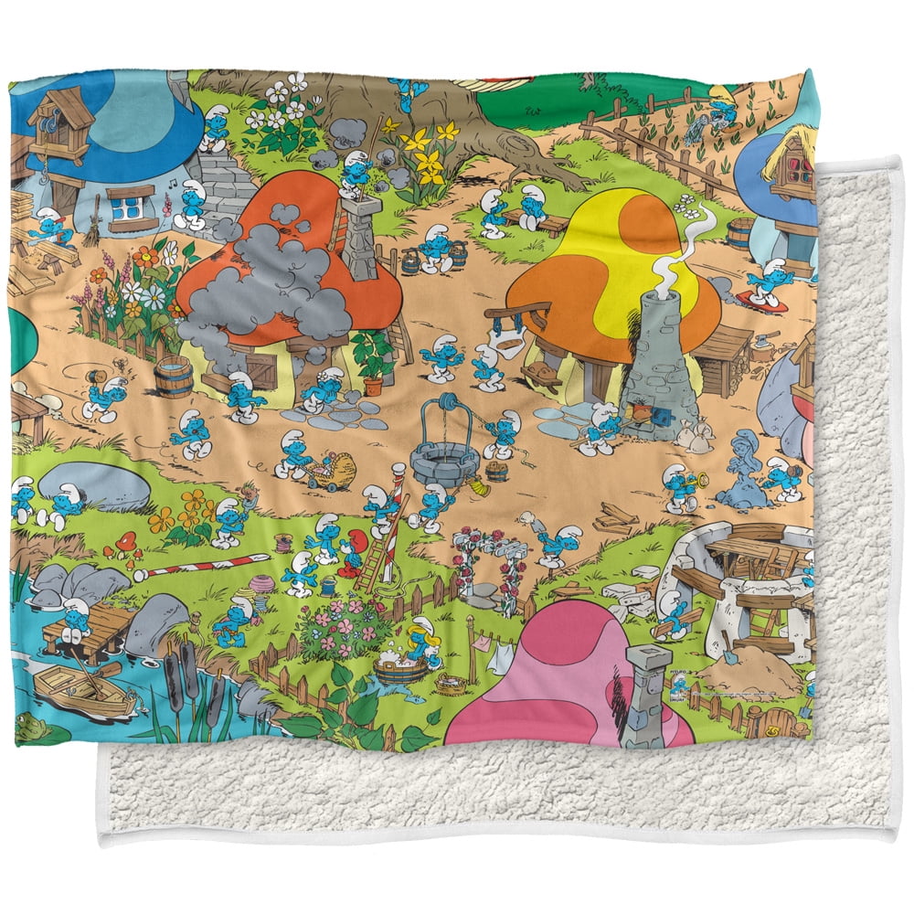 The Smurfs Blanket, 50'x60' Smurf Village Silky Touch Sherpa Back Super ...