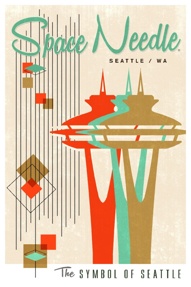 The Space Needle, Simple Block Color, Mid Century Modern Graphic Design ...