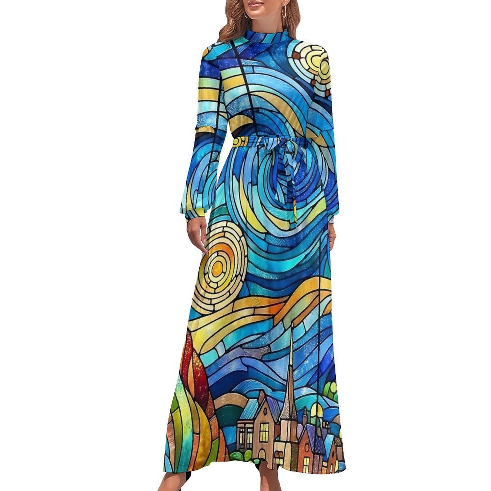 The Starry Night Dress Stained Glass Print Party Maxi Dress Streetwear ...