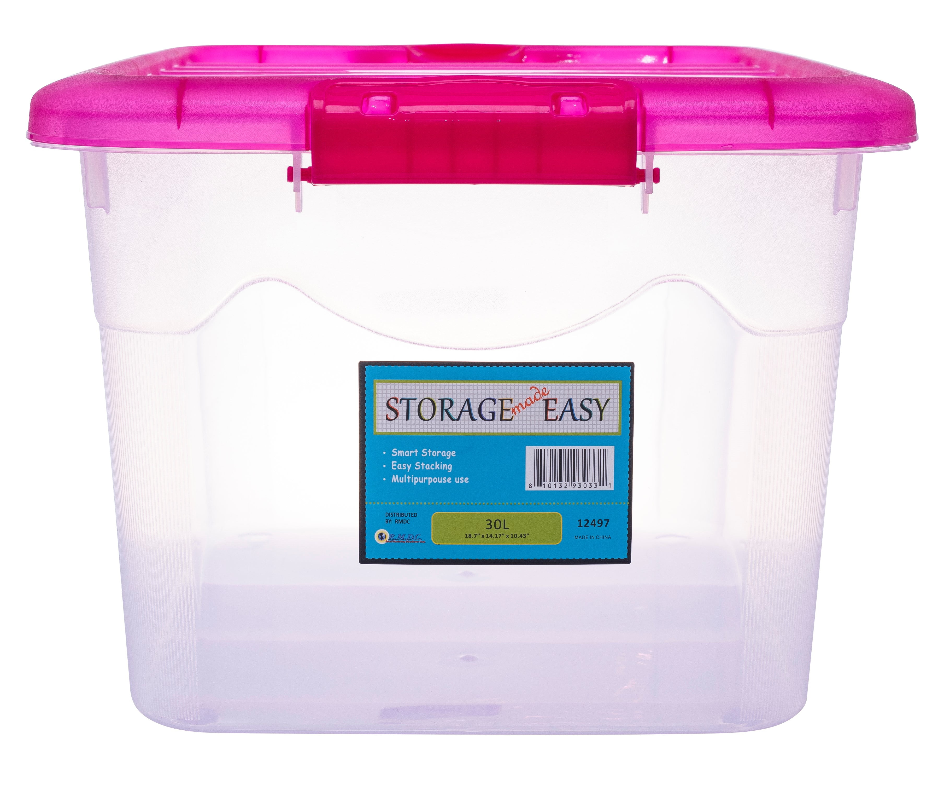 30L Clear Plastic Storage Box with Pink Snap-on Lid, 18.75 x 14.3 x 10. ...