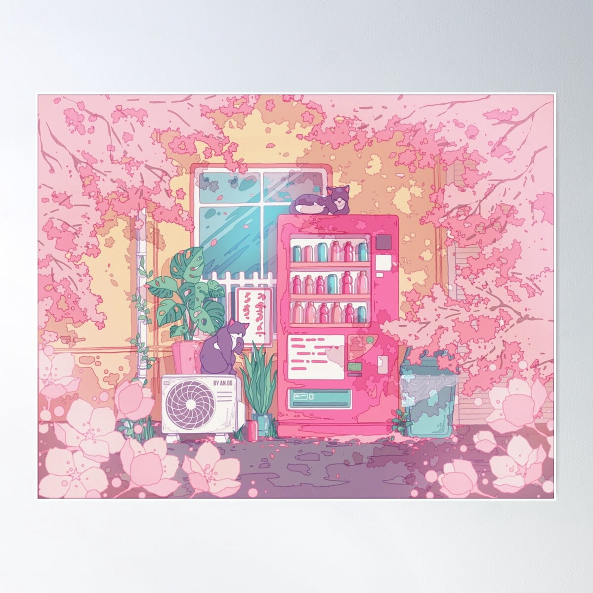 The Stray Cats, Wending Machine And Pink Cherry Blossom Poster Wall Art ...
