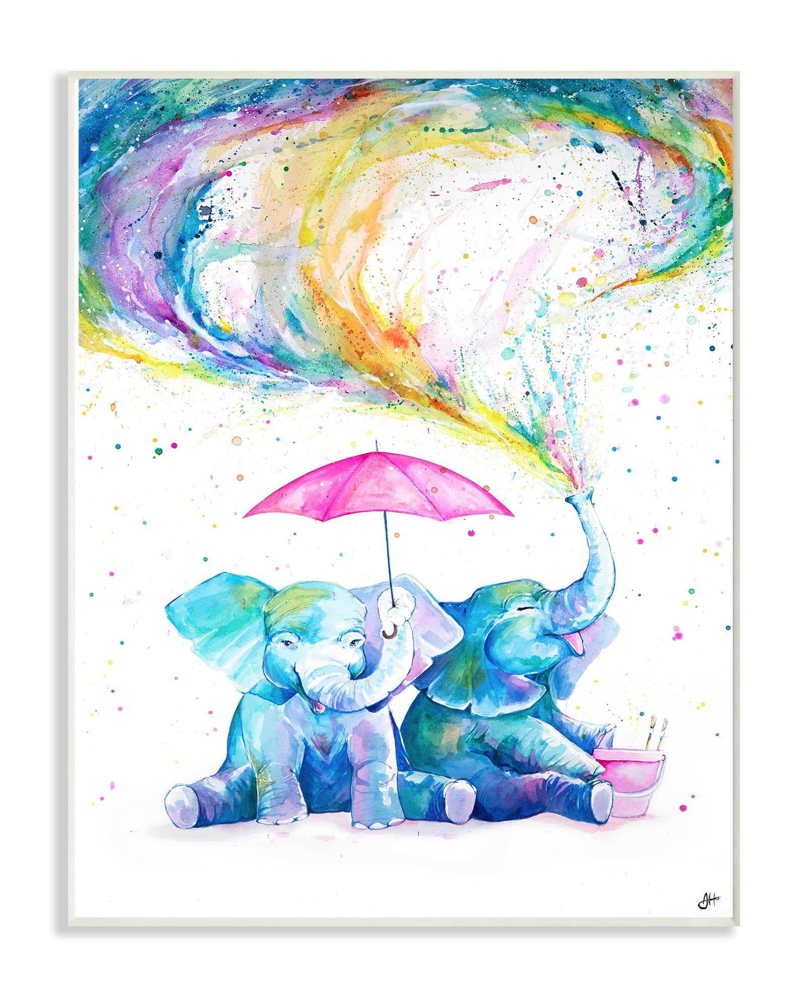 The Stupell Home Decor Rainbow Watercolor Spraying Elephants with Pink ...