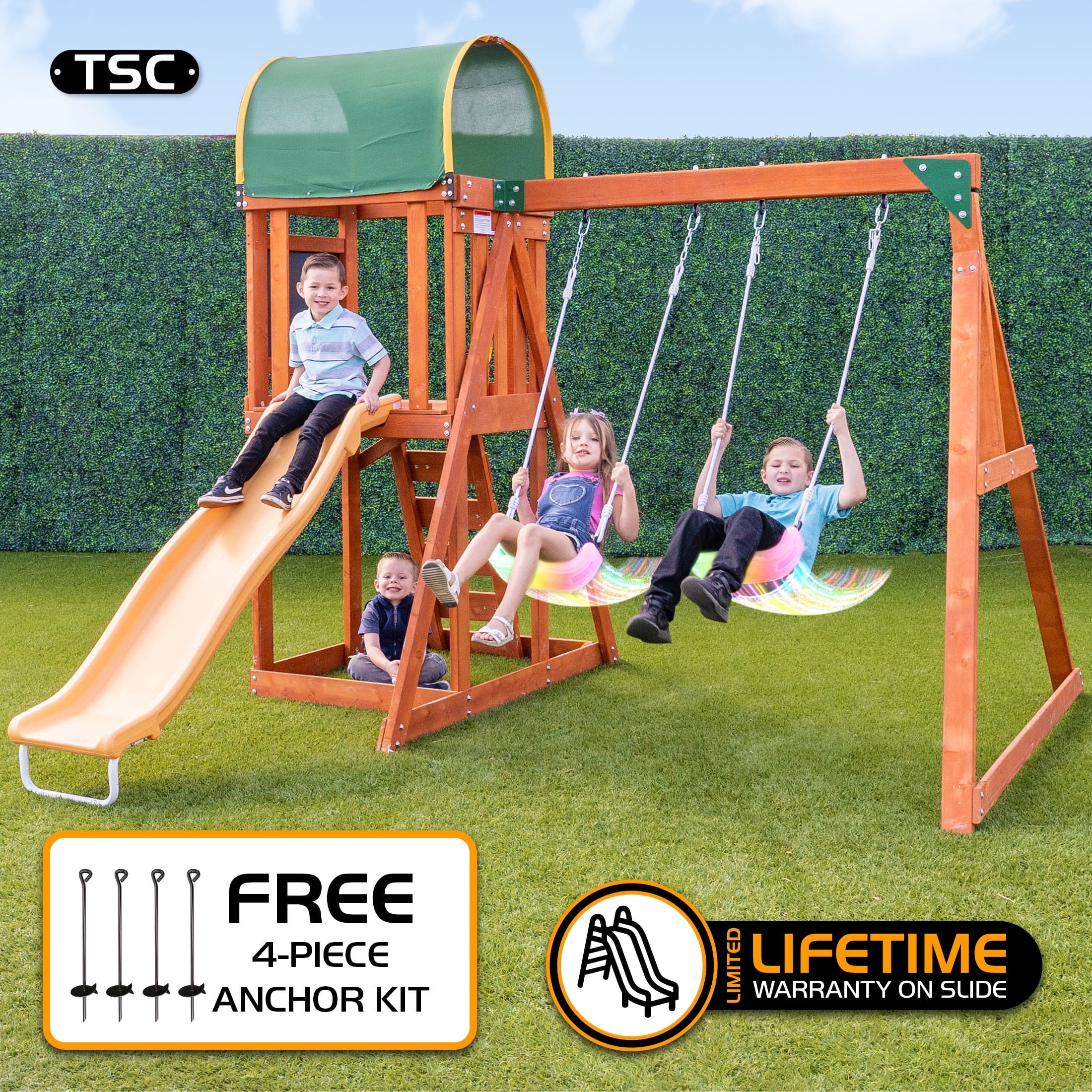 The Swing Company North Star Wooden Swing Set, 6' Slide, LED Seats ...
