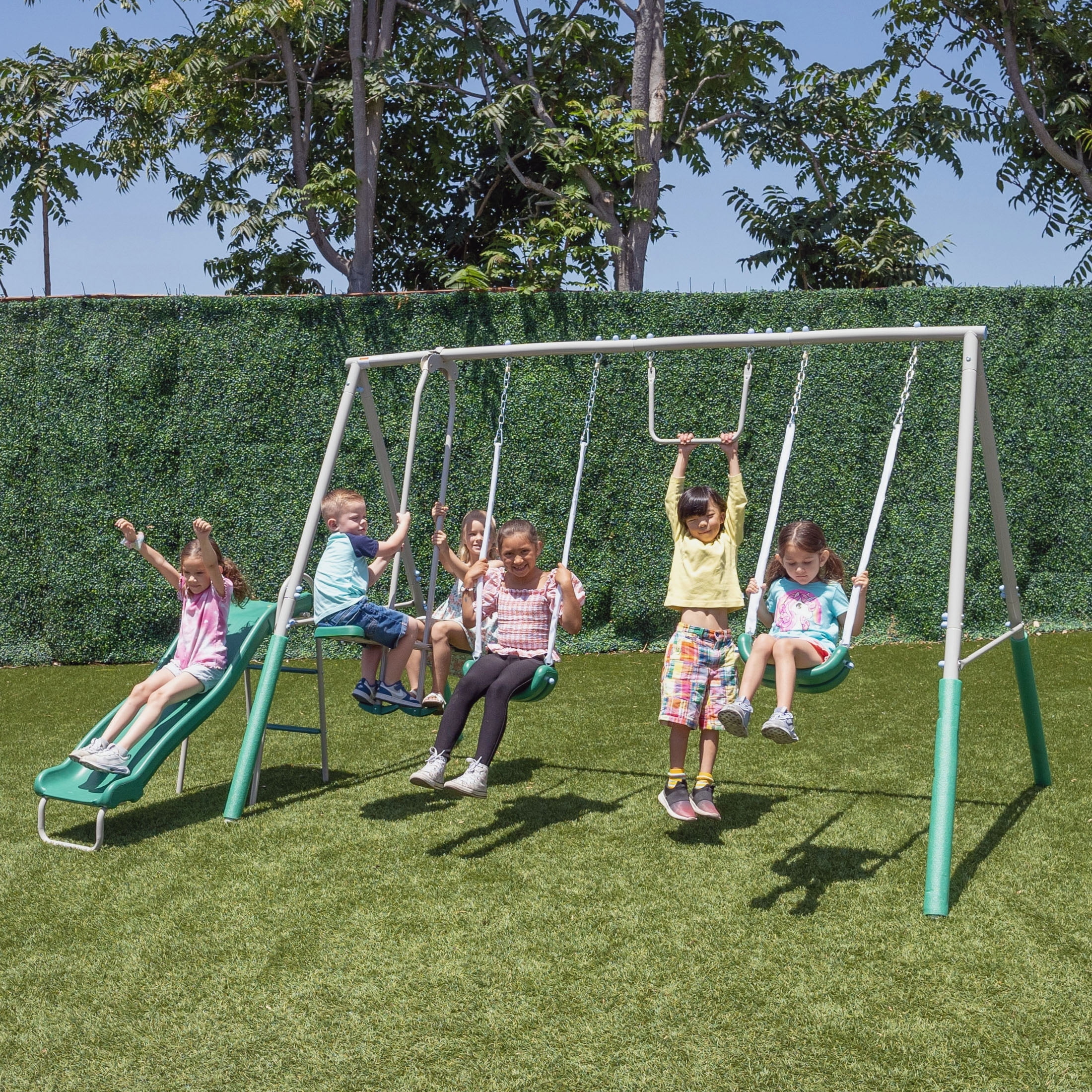 The Swing Company Yonkers Metal Swing Set with Glide Ride Trapeze Bar ...