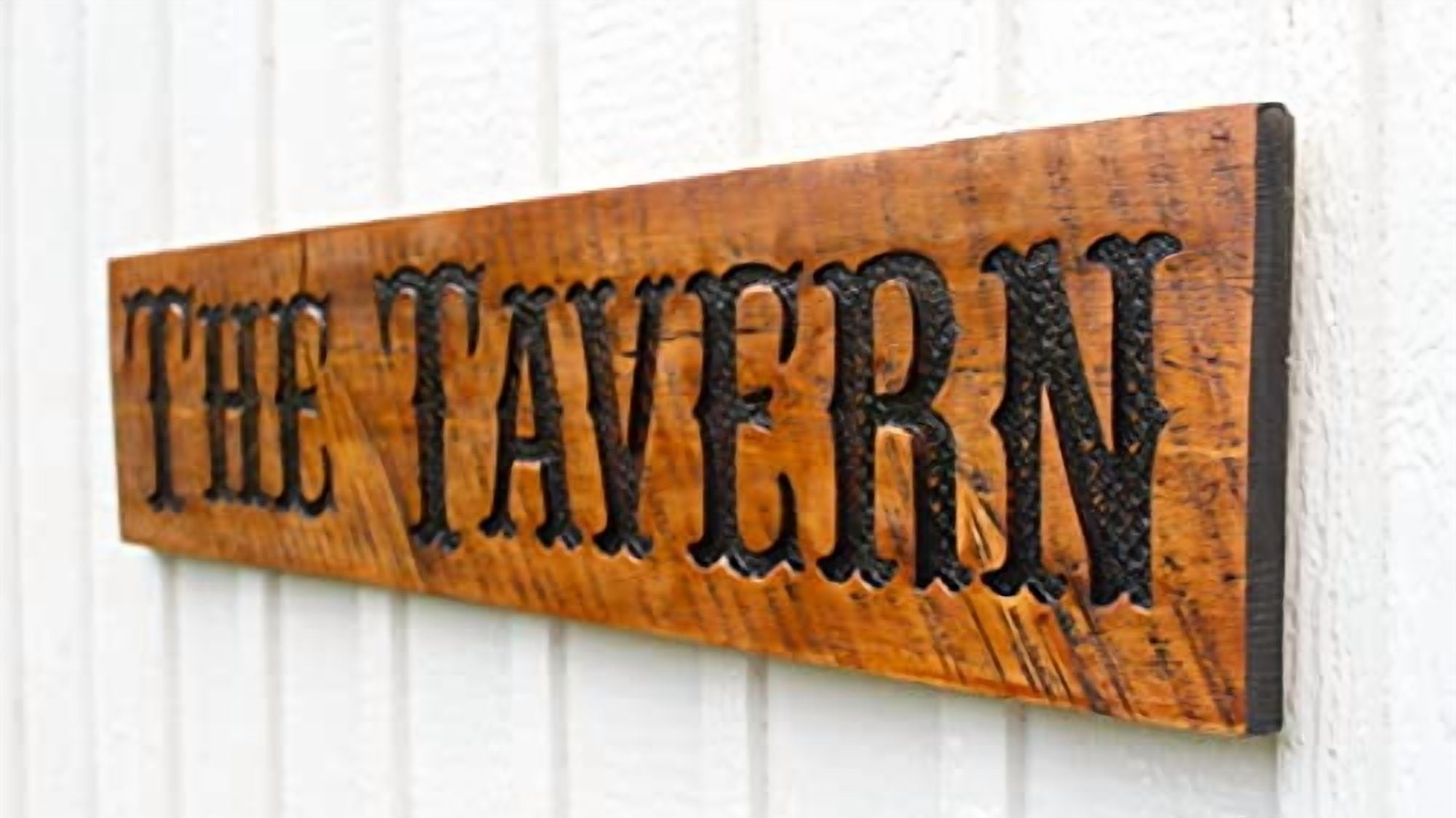 The Tavern Sign - Carved in a 48"x10" Solid Wood Board | Rustic ...