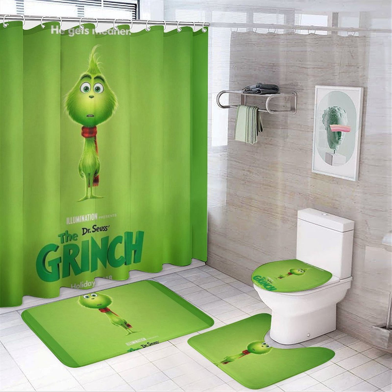 The The-Grinch Cartoon Shower Curtain Set for Bathroom 4 Piece Bathroom ...