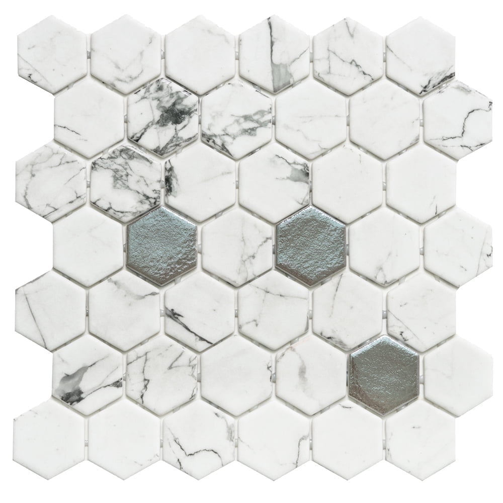 The Tile Life Eterna Big Hex Fosco Argent 12x12 Glass Backsplash Wall ...