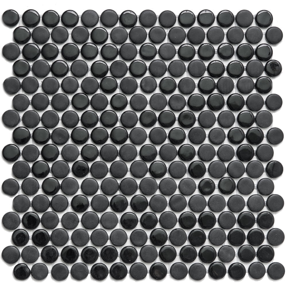 The Tile Life Eterna Penny Round Black 12x12 Glass Backsplash Wall Tile ...