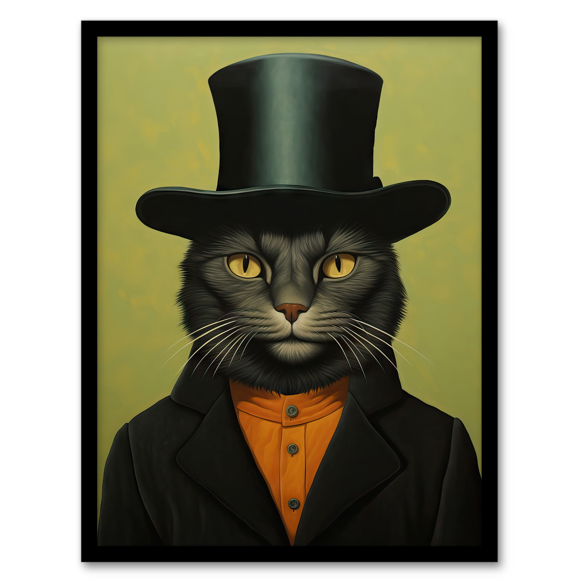 The Top Hat Cat Called Matt Sage Green And Black Portrait Art Print ...