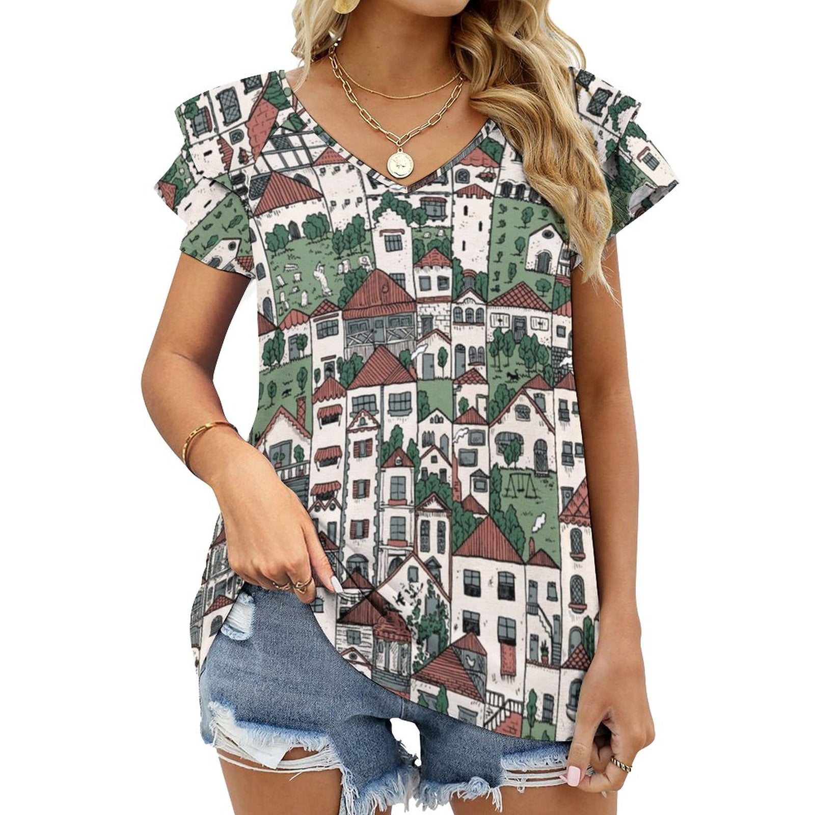 The Town Ruffle Short Sleeve T-Shirt V Neck Shirts Pattern Cute Tops ...