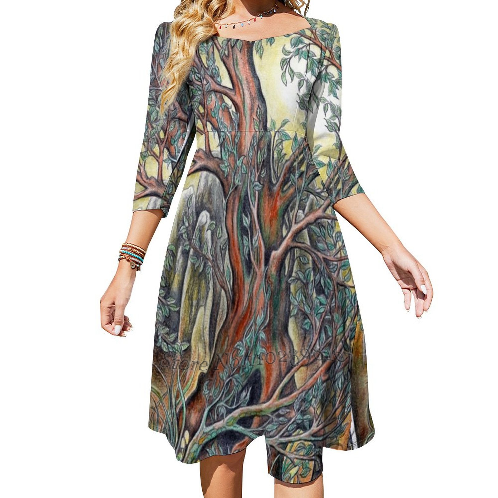 The Tree Flare Dress Square Neck Dress Elegant Female Fashion Printed ...