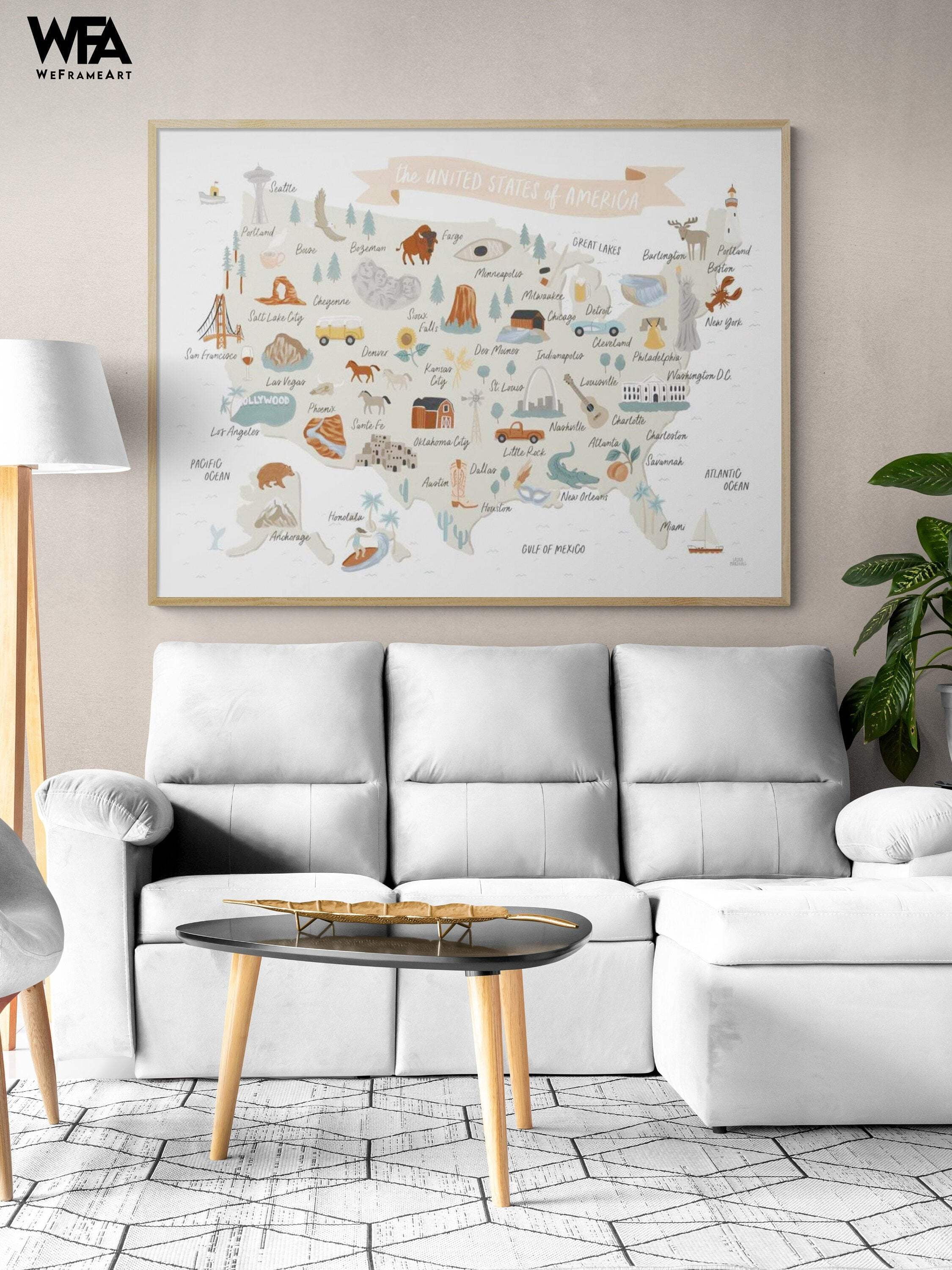 The United States Of America Map Print, Framed USA Map Wall Art, USA ...