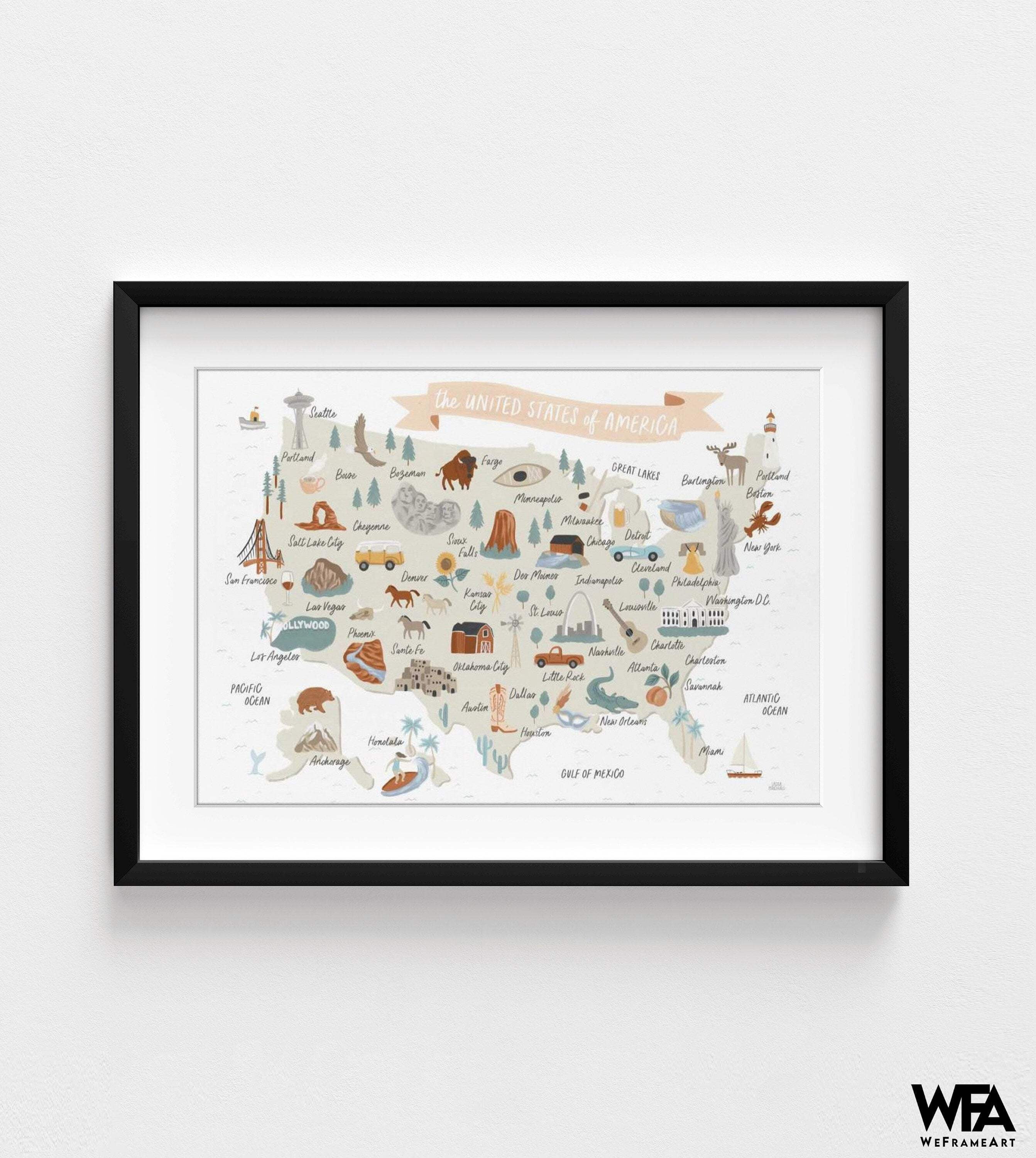 The United States Of America Map Print, Framed USA Map Wall Art, USA ...