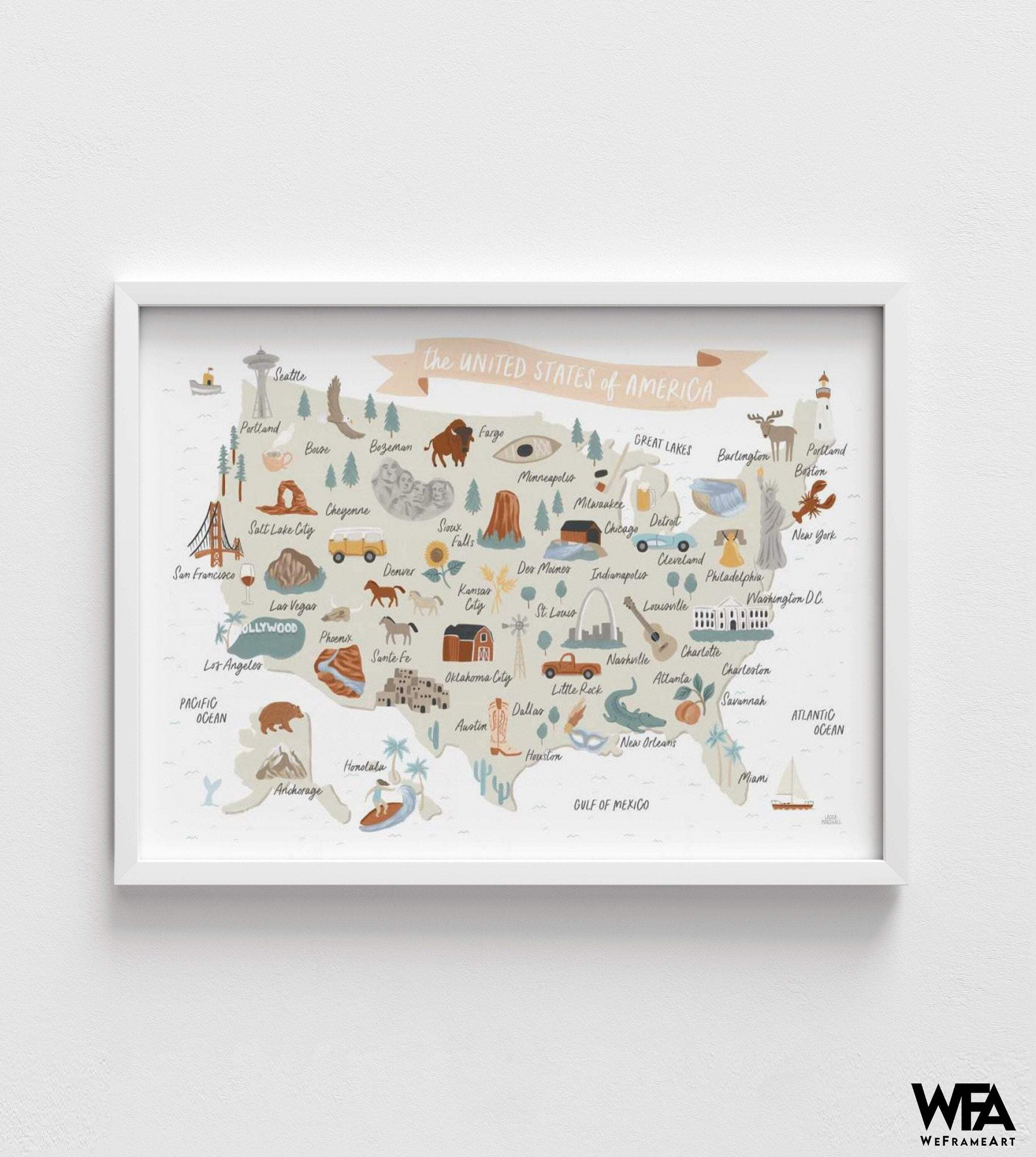 The United States Of America Map Print, Framed USA Map Wall Art, USA ...