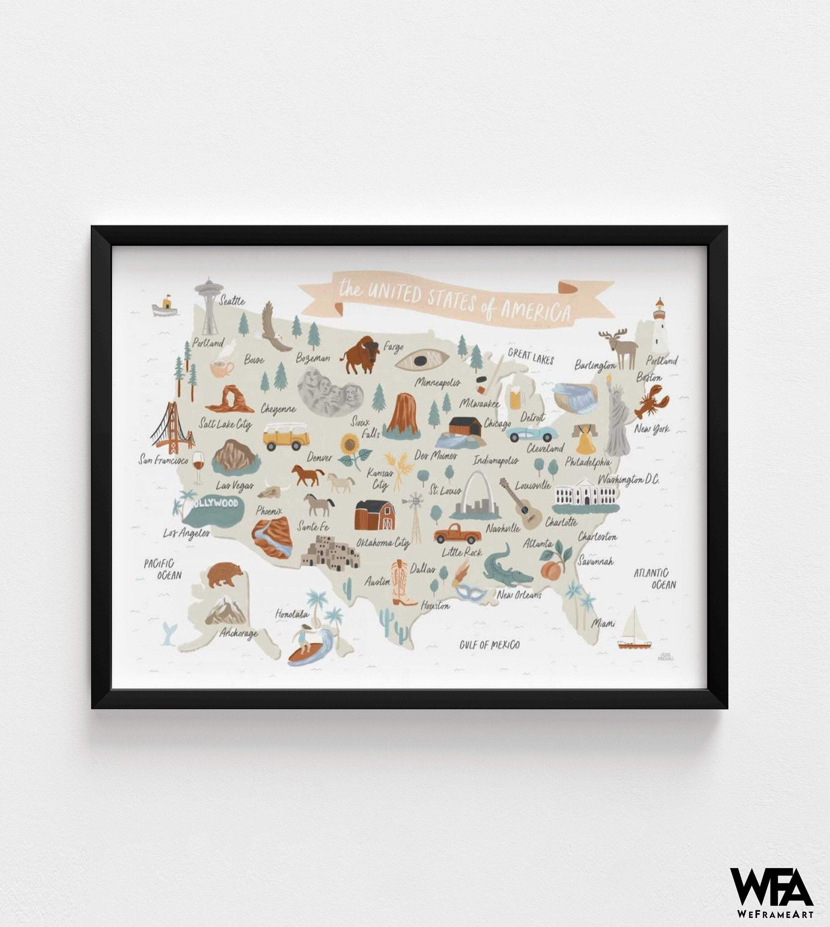 The United States Of America Map Print, Framed USA Map Wall Art, USA ...