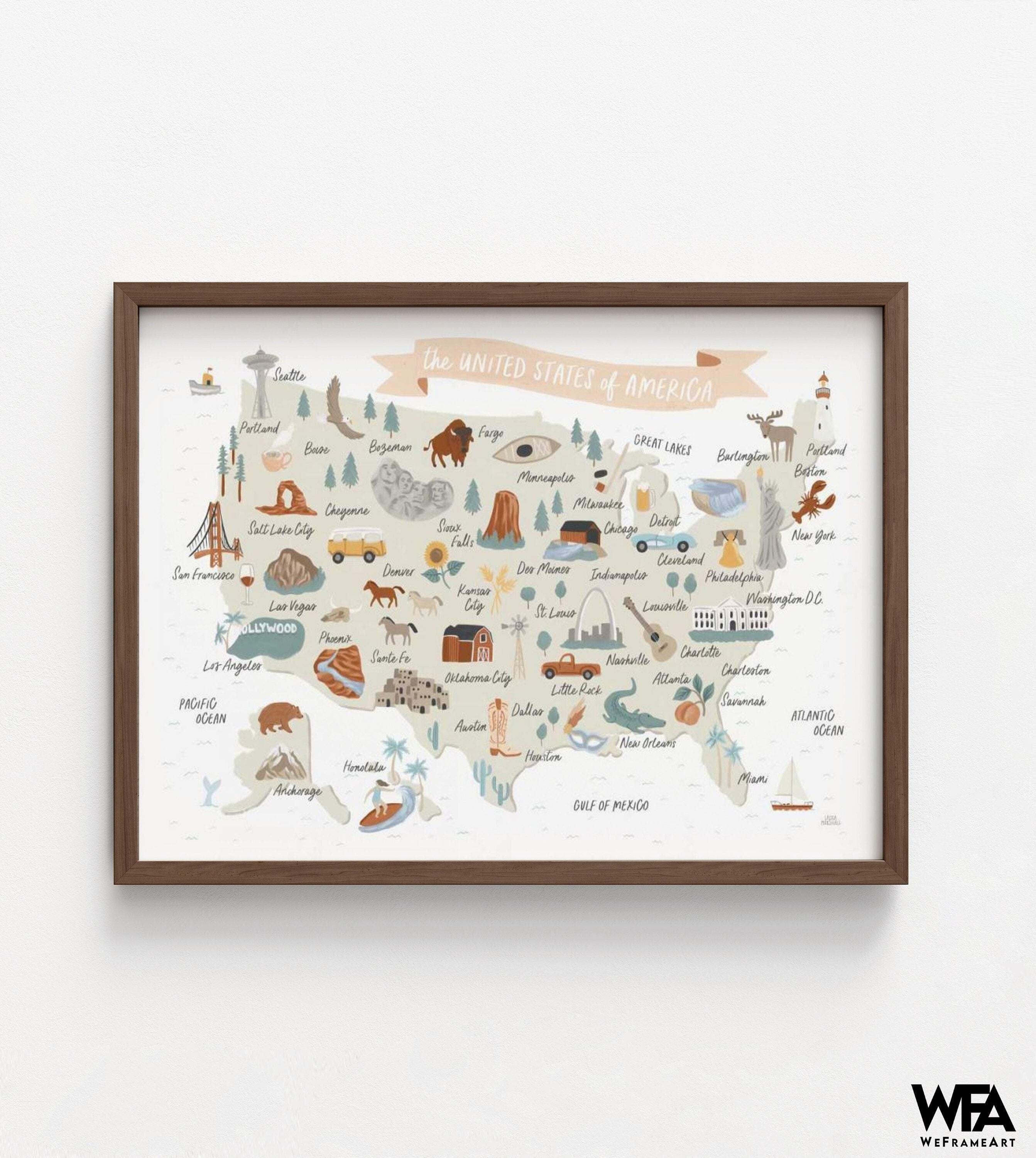 The United States Of America Map Print, Framed USA Map Wall Art, USA ...