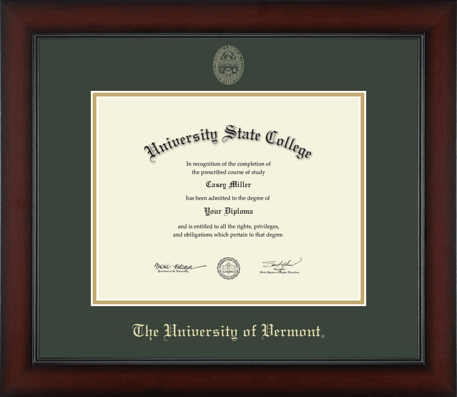 The University of Vermont Diploma Frame, Document Size 11" x 8.5 ...