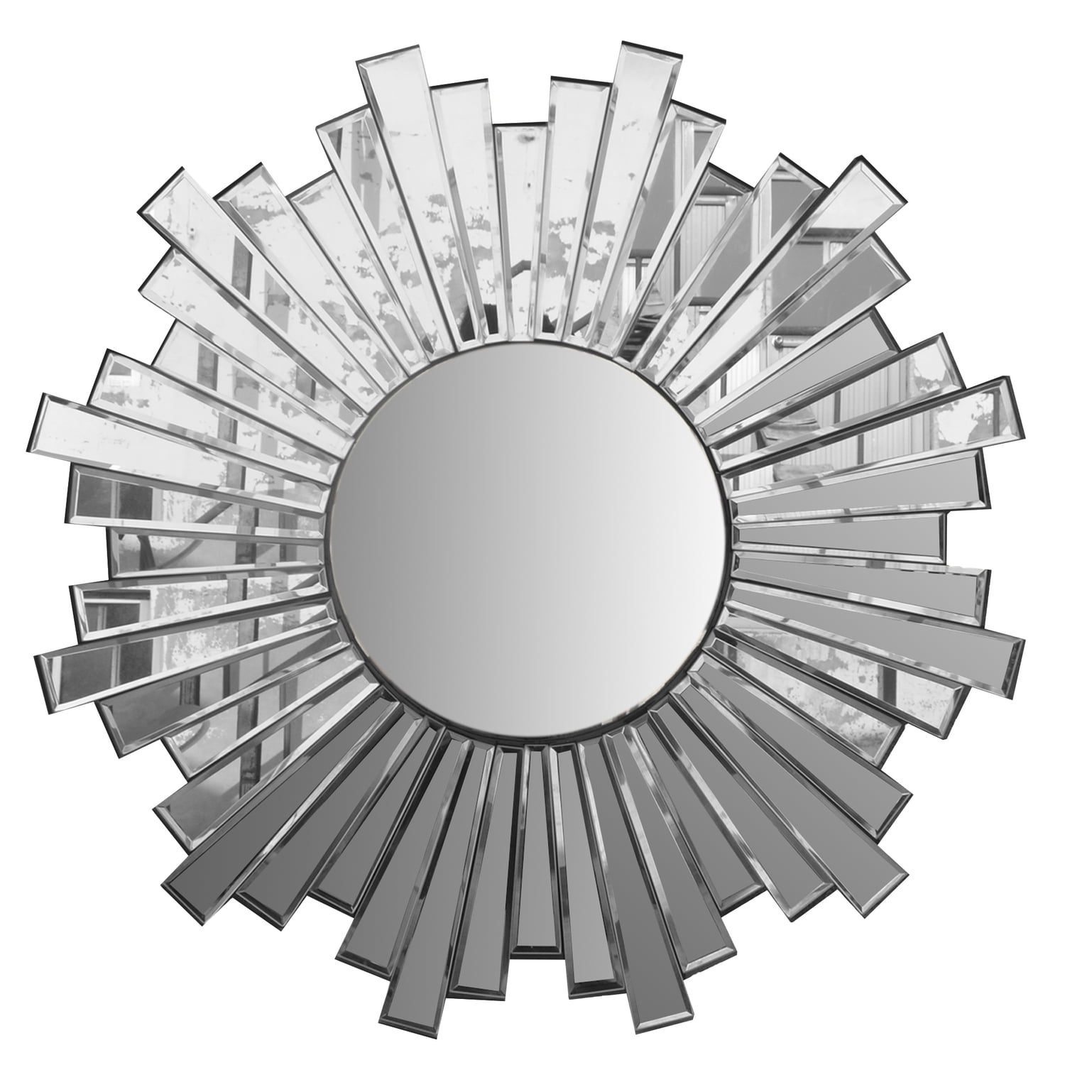 28 Inch Round Floating Wall Mirror with Sunburst Design Frame, Silver ...
