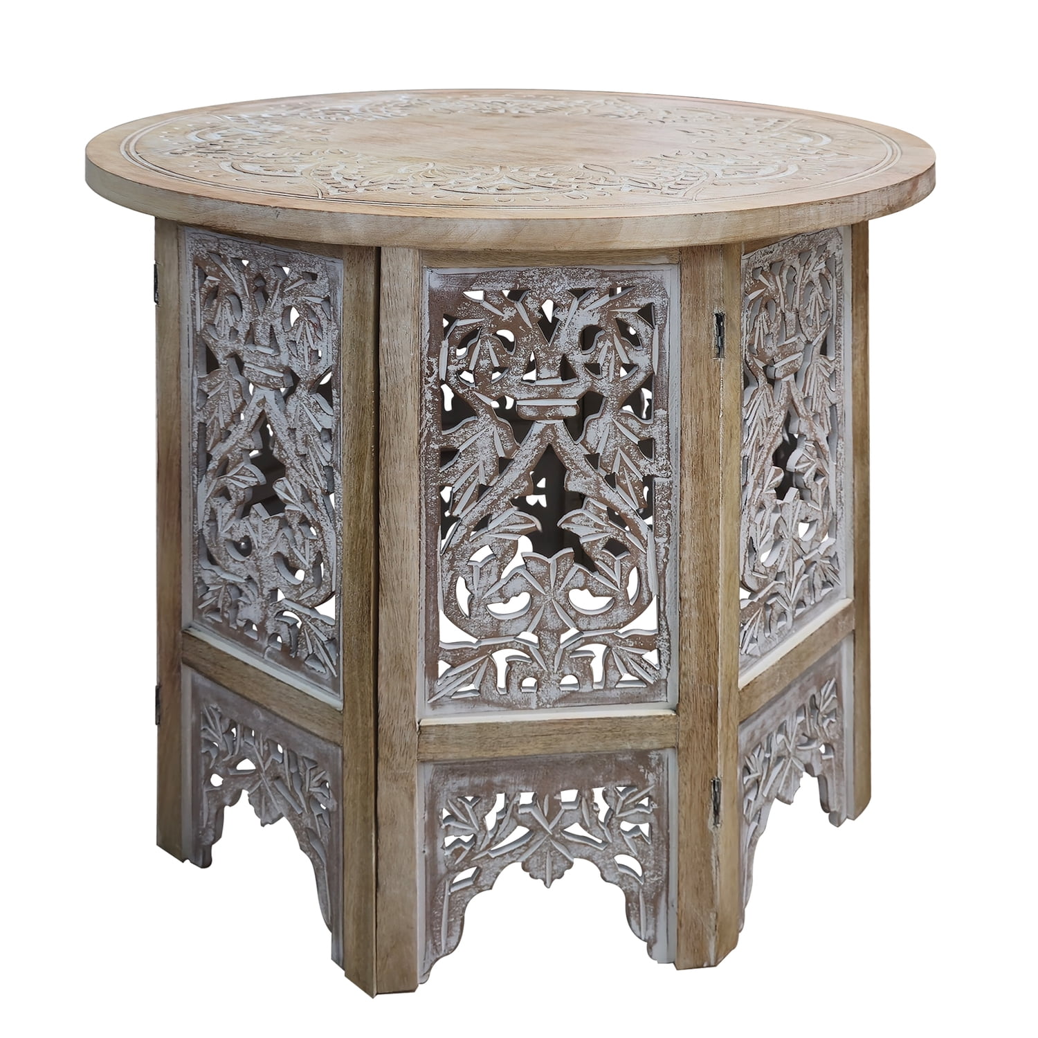 Accent Side Table- 24 Inch Round Top- Mango Wood Floral Cut Out Carved ...