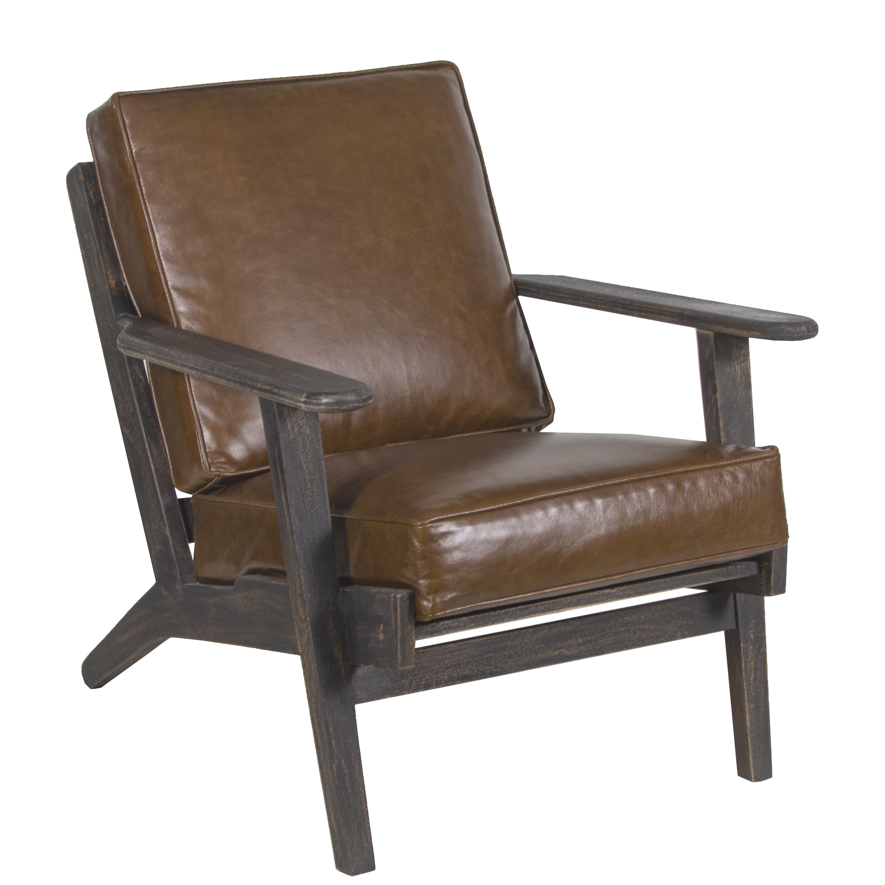 Amber Accent Chair, Handcrafted Slatted Mango Wood, Brown Buffalo Leather Cushions, Angled Legs ...
