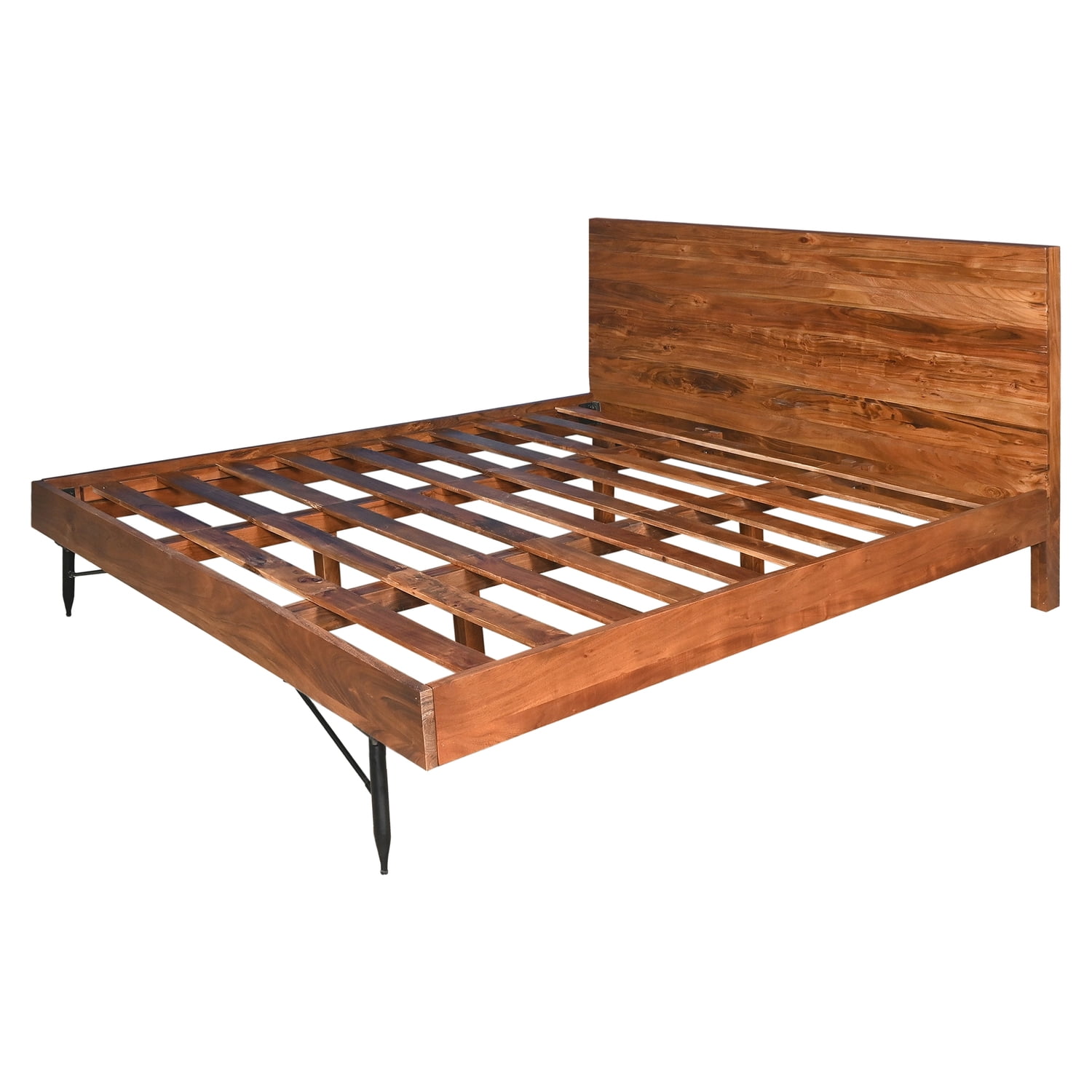 Rustic Queen Size Platform Bed Brown Acacia Wood Frame Black Metal ...