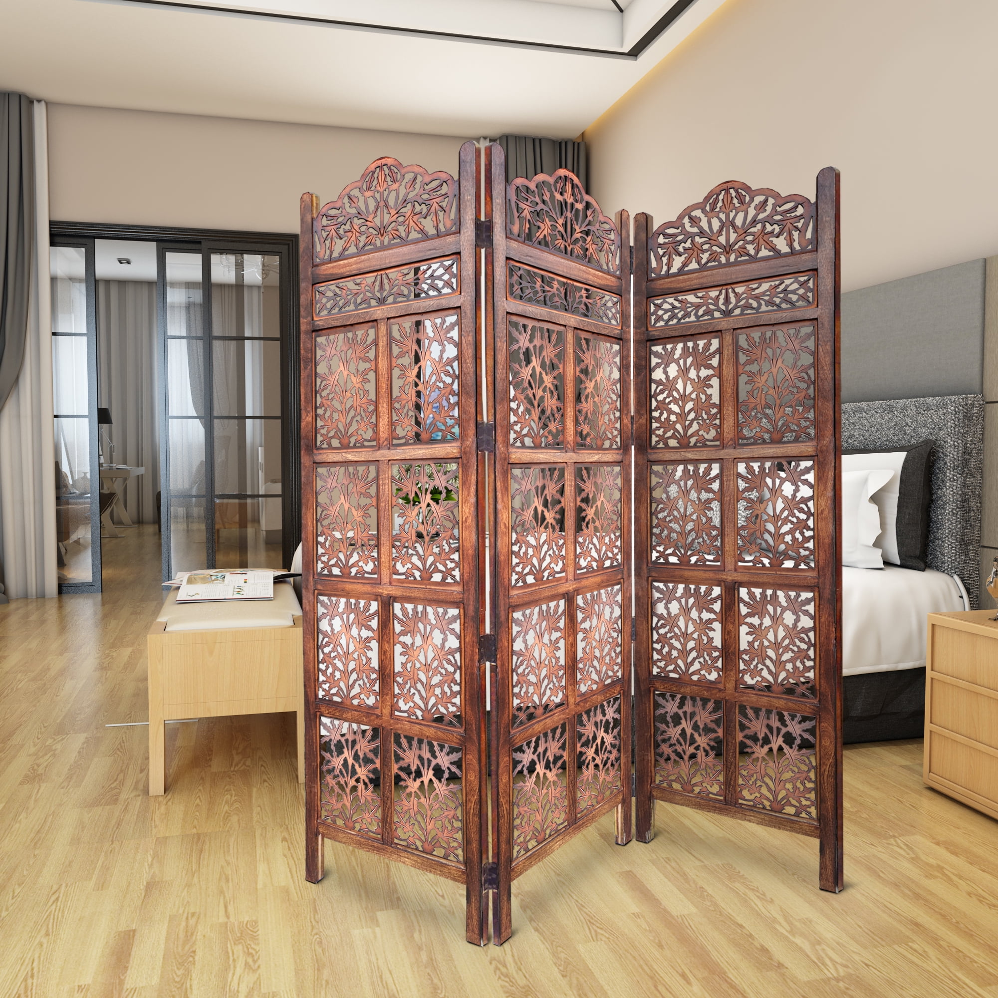 The Urban Port UPT-200177 3 Panel Mango Wood Screen with Intricate ...