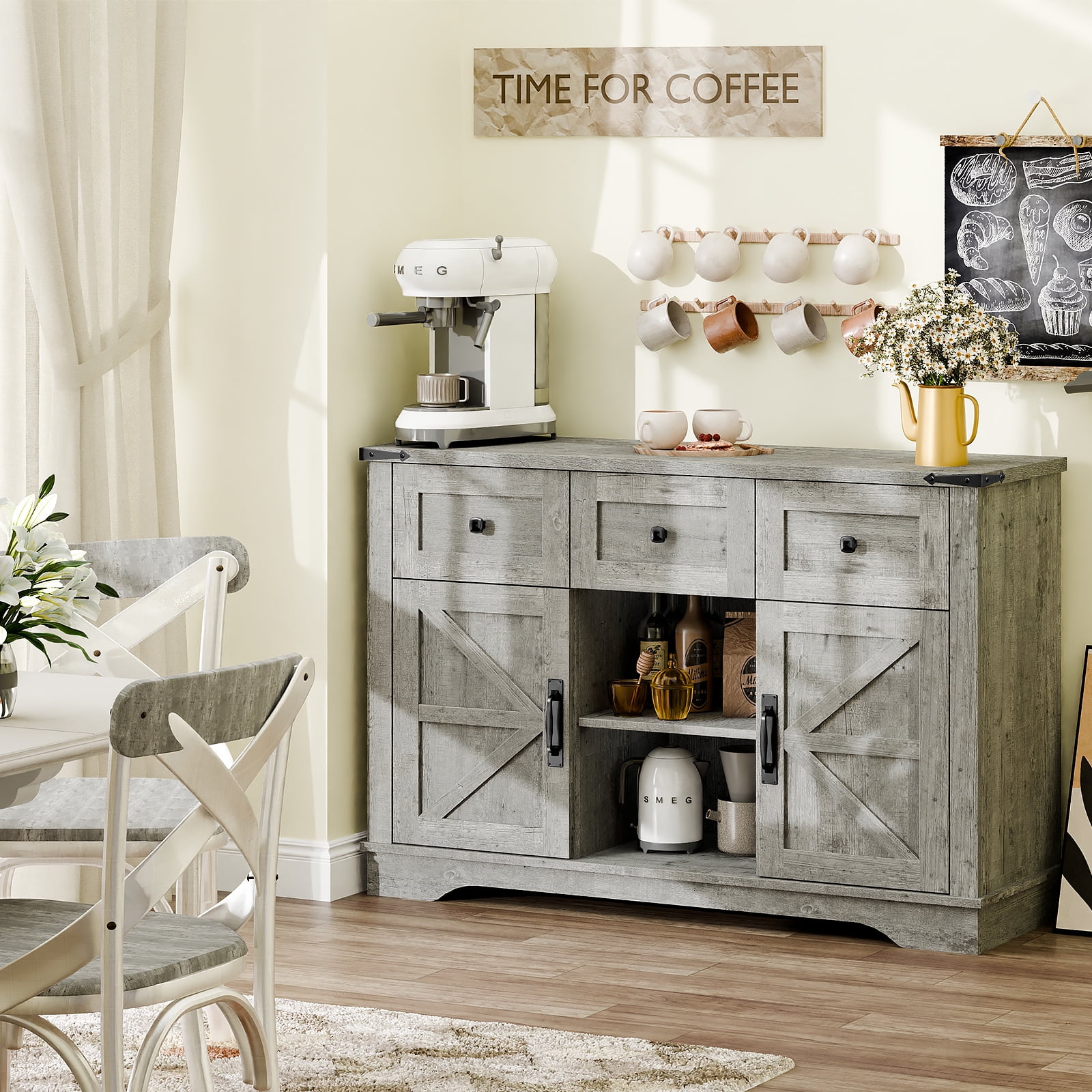 The Vabches Farmhouse Buffet Cabinet features barn-style doors, drawers ...