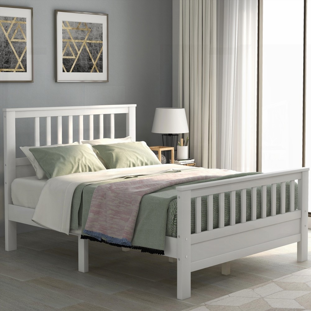 The White Wood Platform Bed has 42" Headboard & 26.3" Footboard with 10 ...