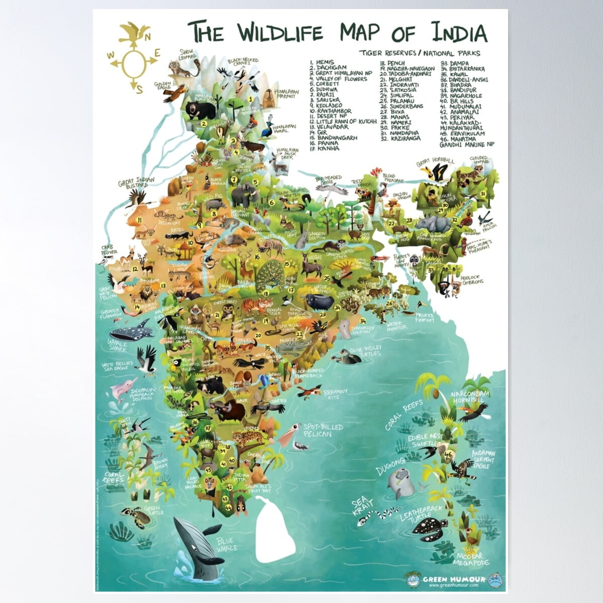 The Wildlife Map Of India Poster Wall Art, Modern Wall Decor For Living ...