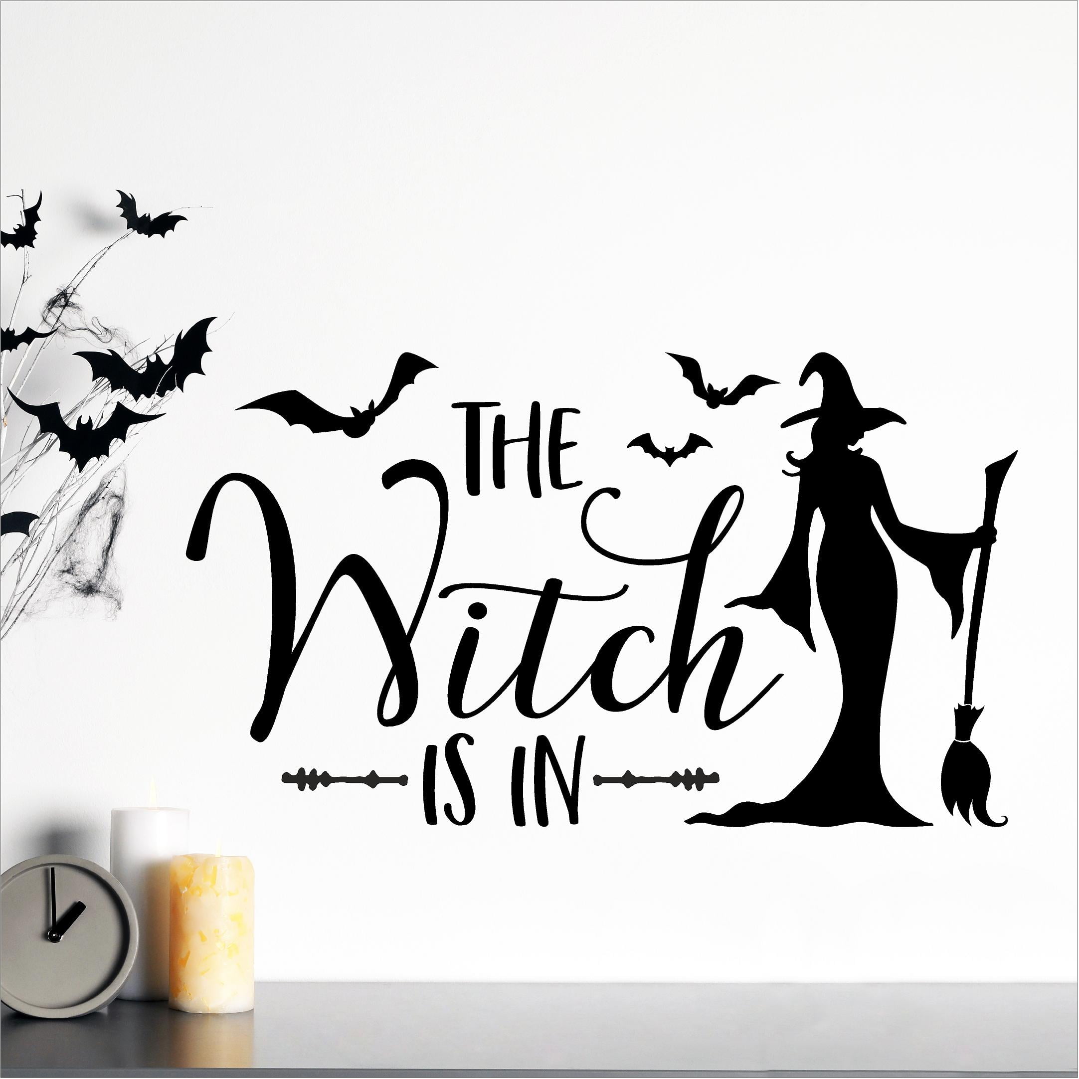 The Witch Is In (cursive) with Bats and Witch with Broom Halloween ...