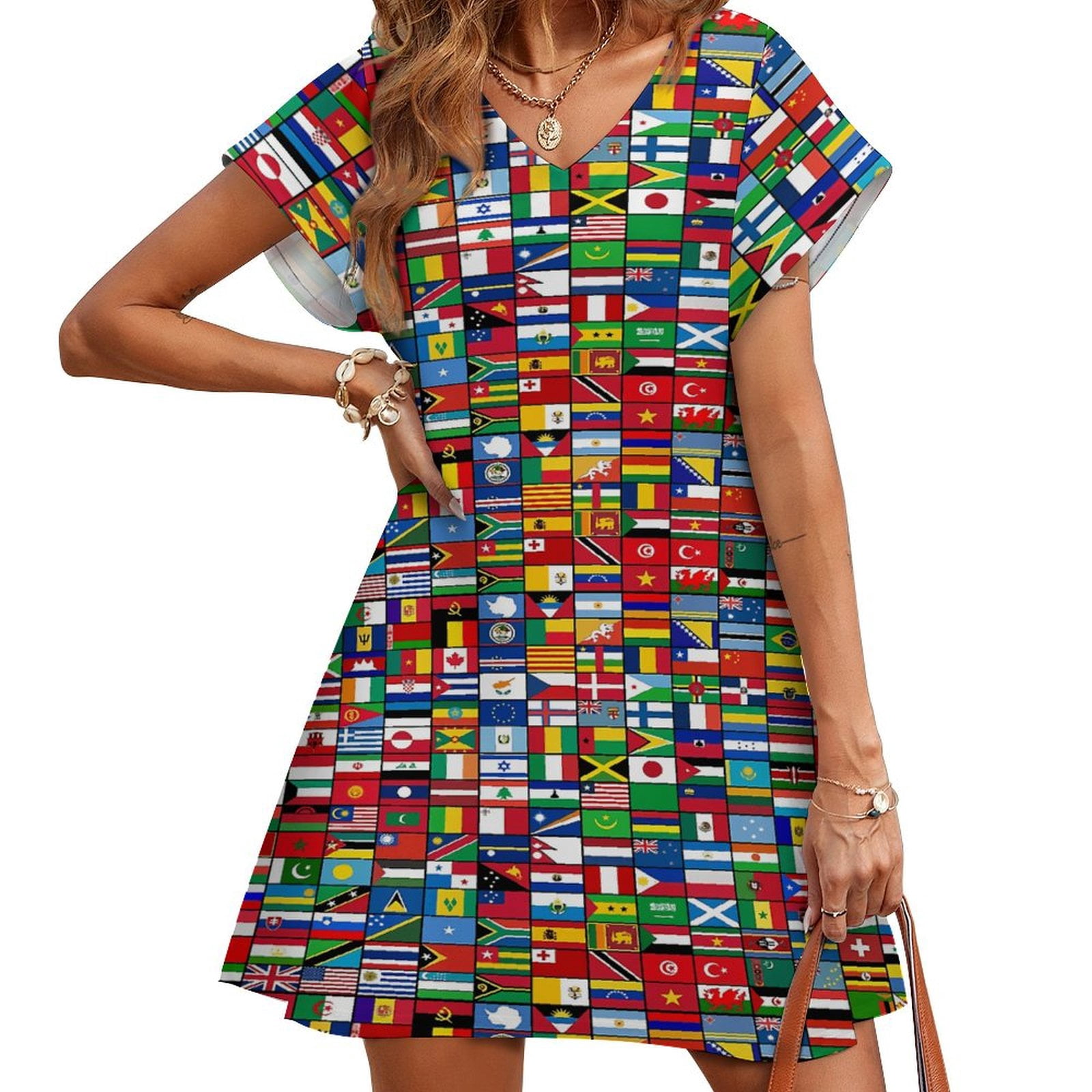 The World's Flags Ladies Summer Short Sleeve Fashion Dress V Neck Loose ...