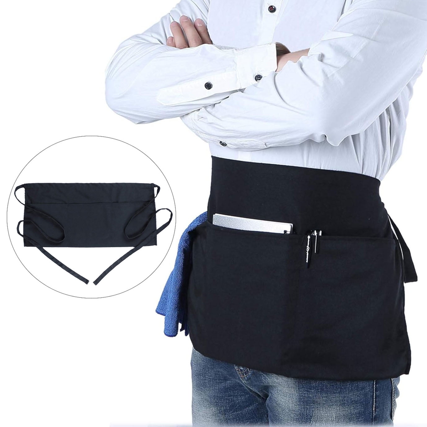 The black half apron has three pockets, for female waiters, male ...
